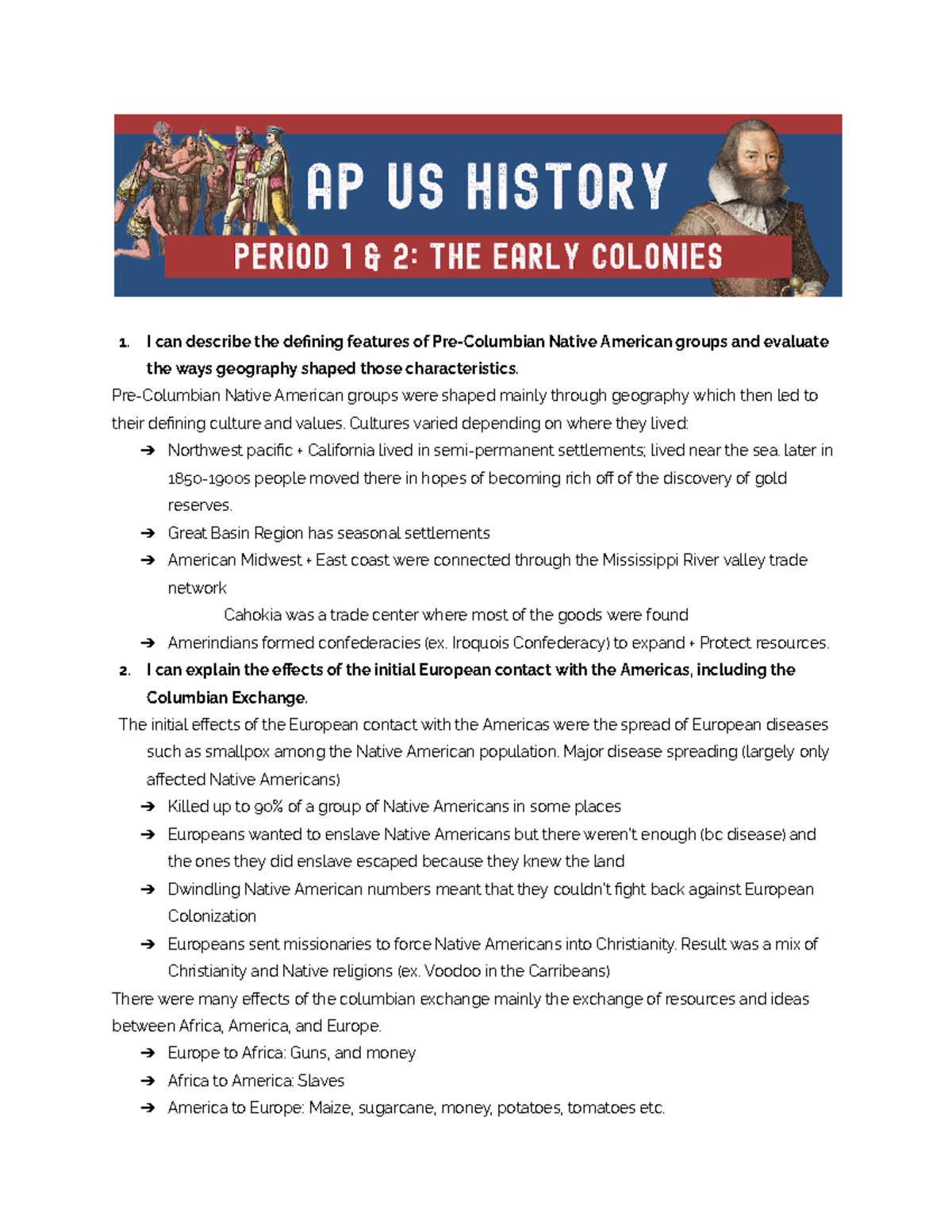 Apush study guide 1 - I can describe the defining features of Pre ...