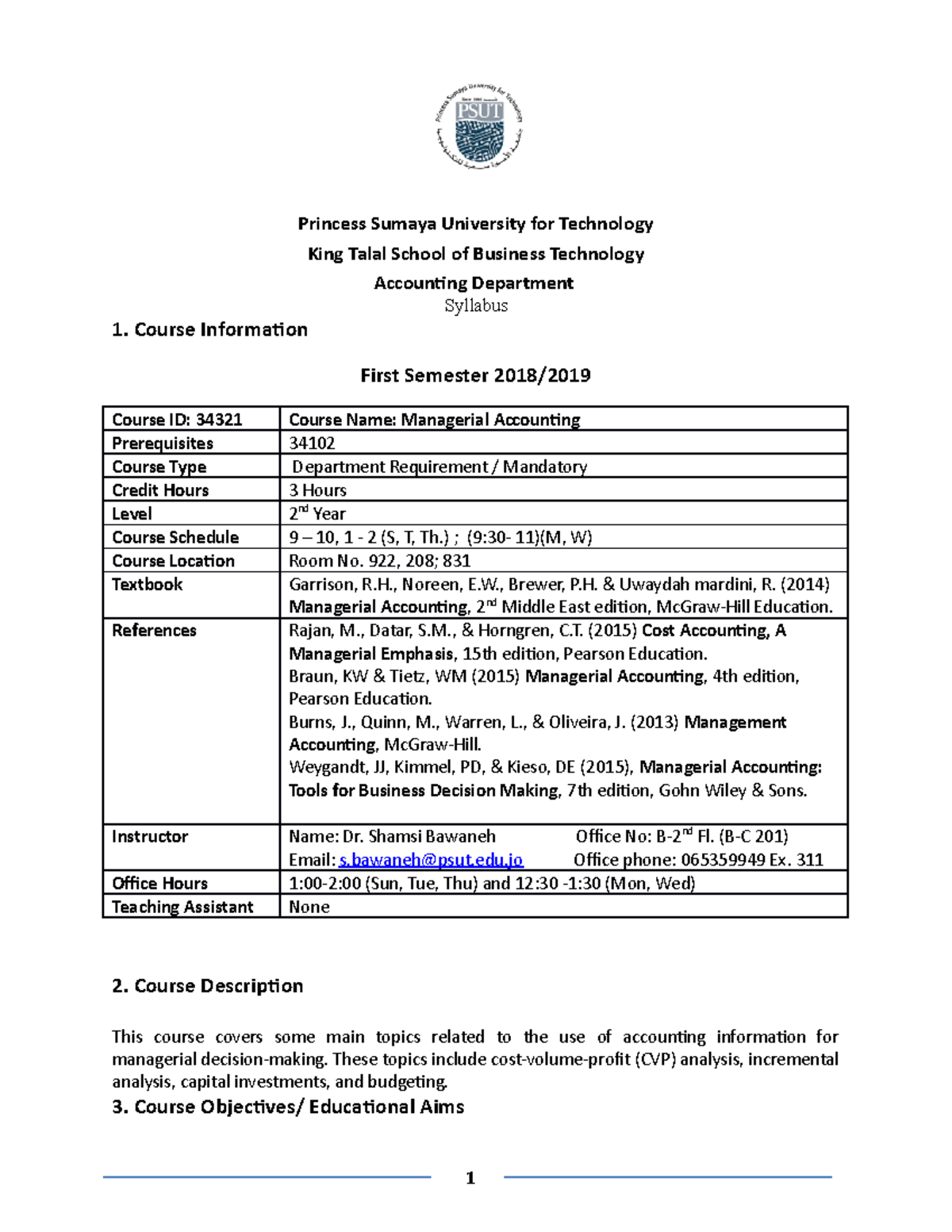 Syllabus for Managerial Accounting 2018-2019 - Princess Sumaya ...