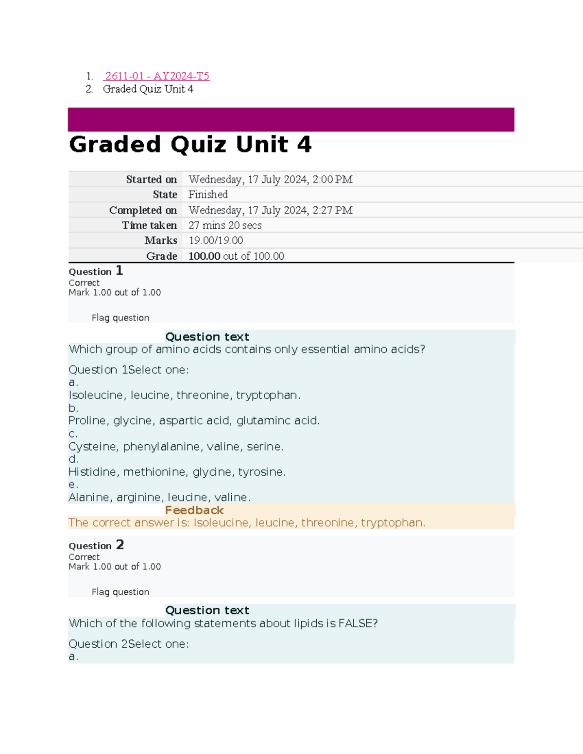 Nutrition Graded Quiz UNIT 4 - 1. 2611-01 - AY2024-T 2. Graded Quiz Unit 4 Graded Quiz Unit 4 ...