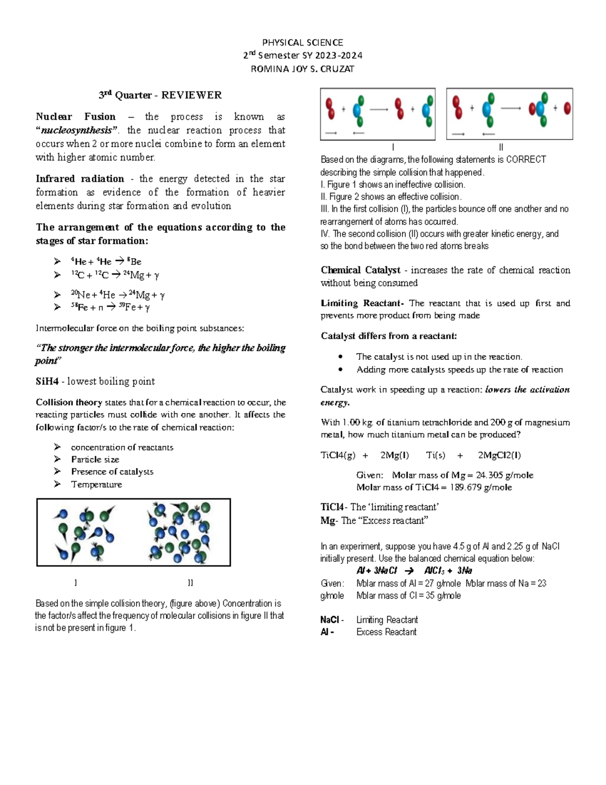Reviewer Physical- Science - PHYSICAL SCIENCE 2 nd Semester SY 2023 ...