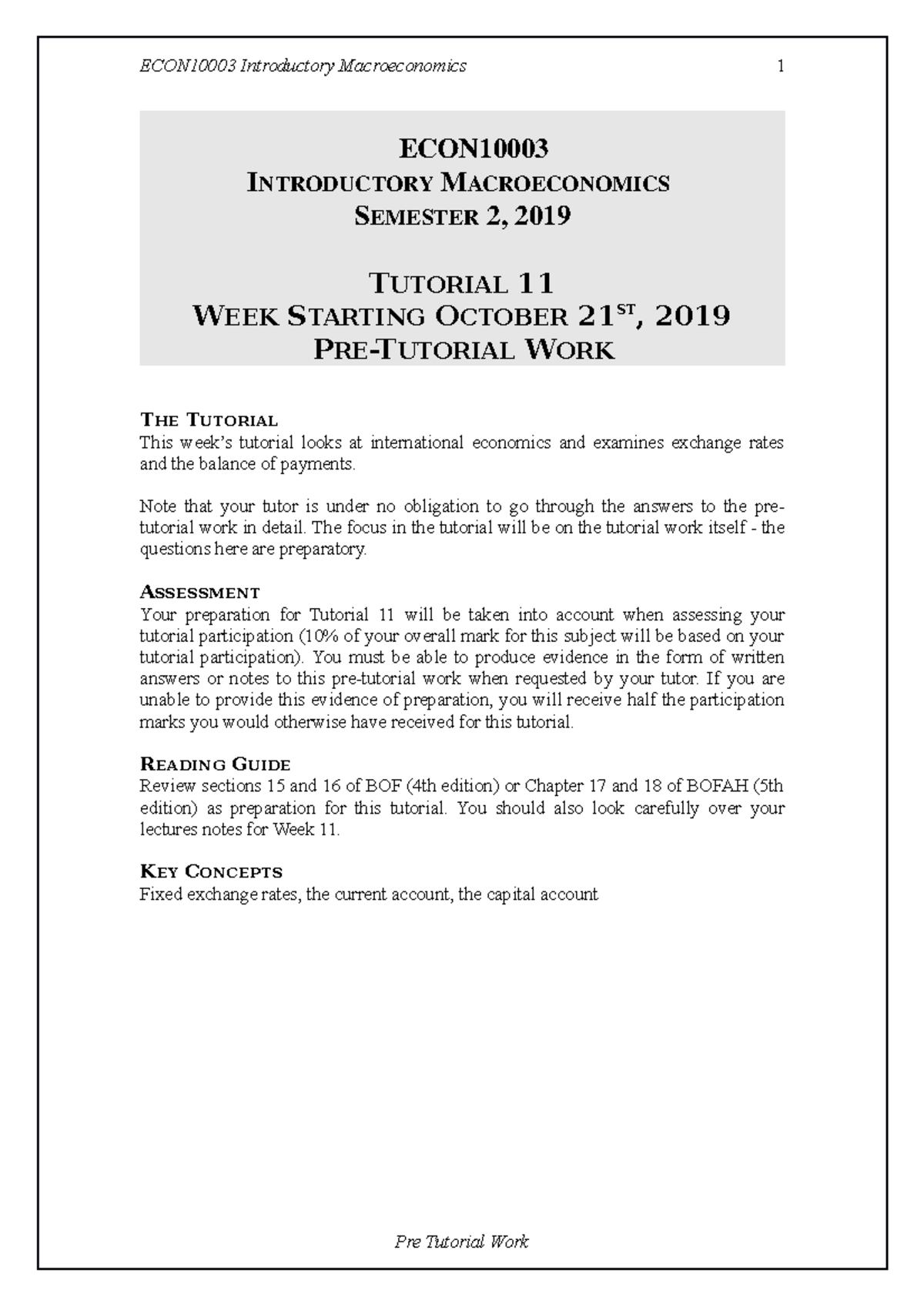 T11 Pretutorial 2019 - ECON10003 Introductory Macroeconomics ECON ...