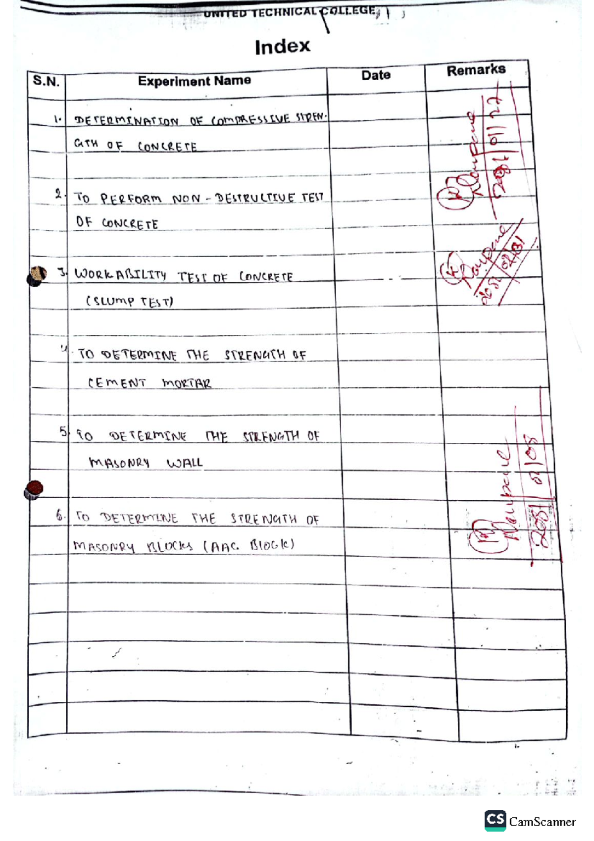 Concrete-lab - lab note - UNITED TECHNICAL COLLEGE Index S. Experiment ...