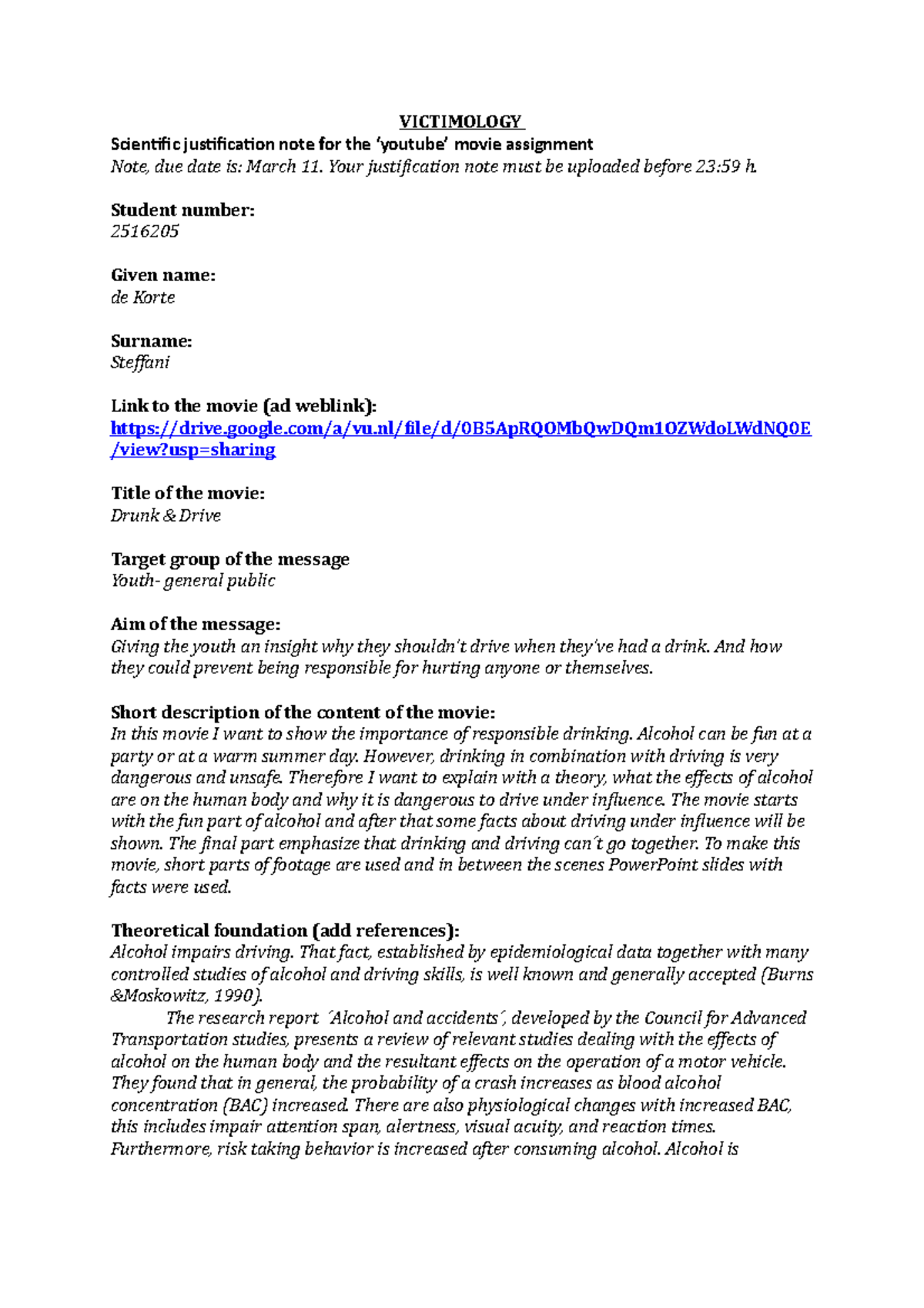 Scientific justification note - VICTIMOLOGY Scientific justification ...