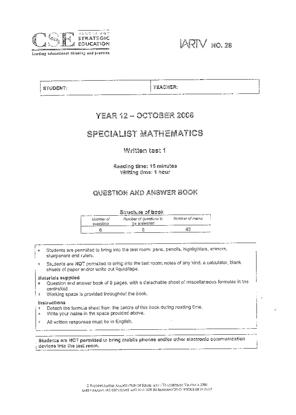 [VCE Specialist] 2006 Iartv Unit 34 Exam 1 - MAST10007 - Studocu