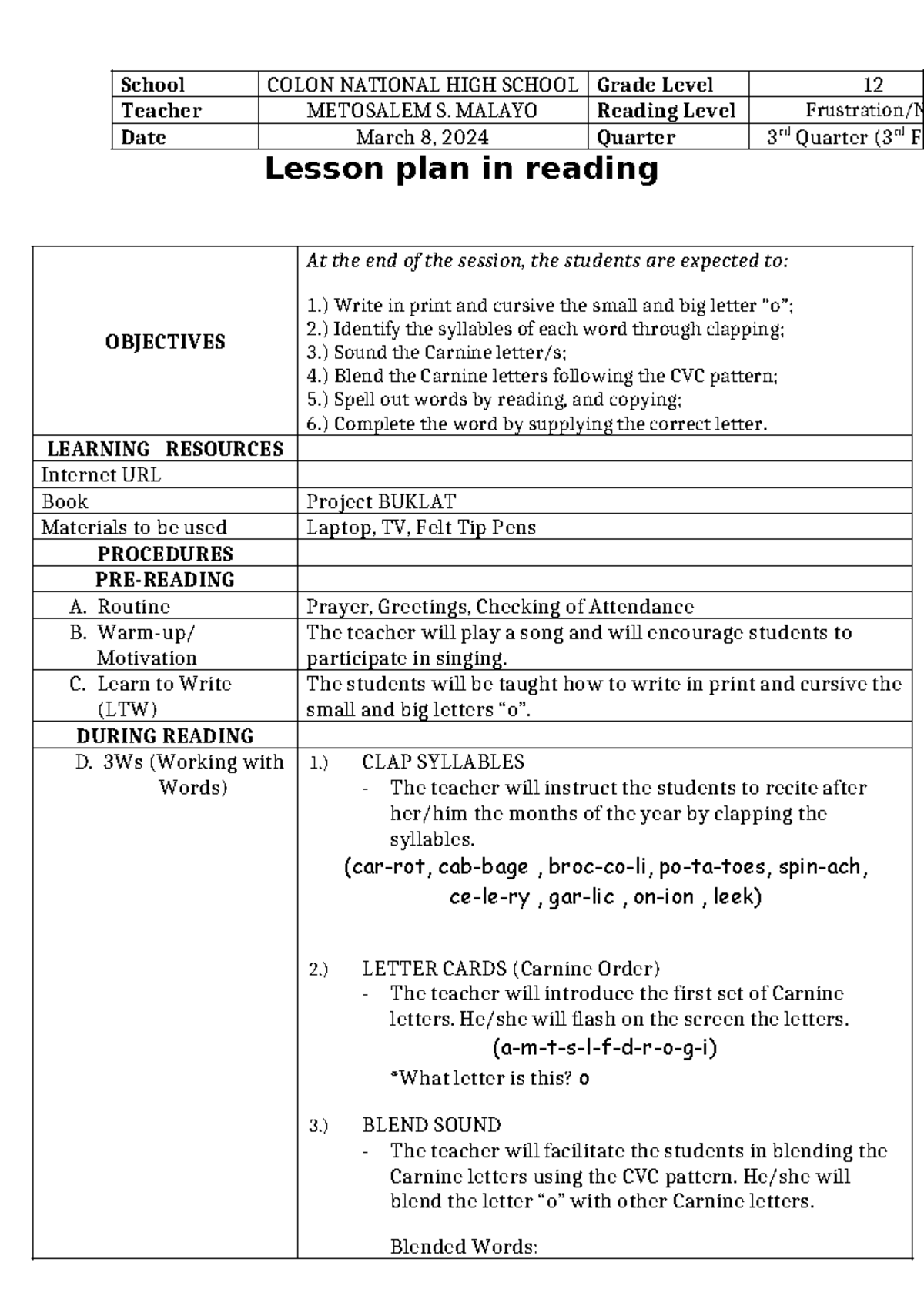 Lesson Plan in Reading - School COLON NATIONAL HIGH SCHOOL Grade Level ...