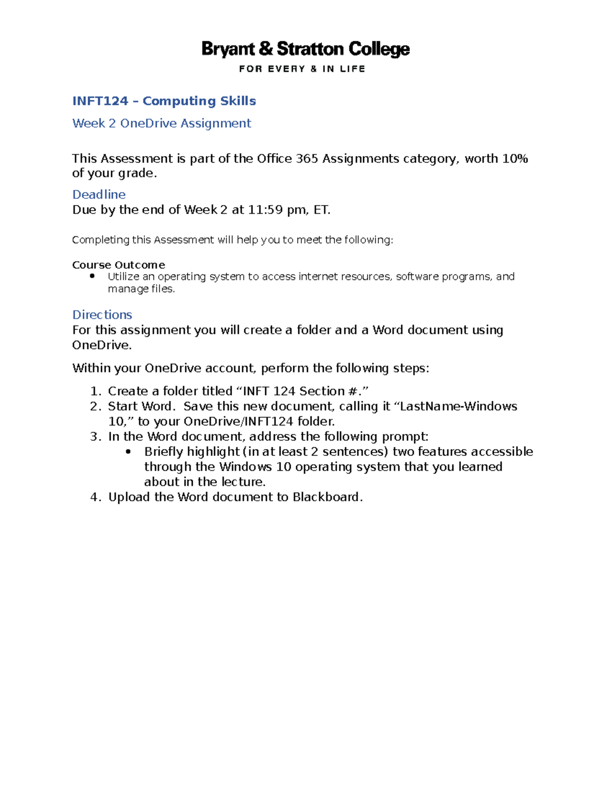 INFT124 - Week 2 One Drive Assignment - INFT124 – Computing Skills Week ...