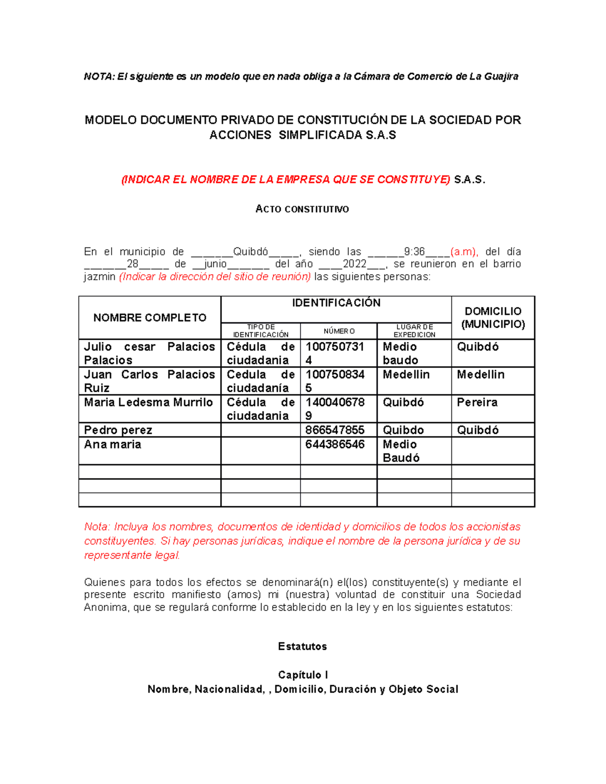 ACTA DE Constitucion DE Sociedad POR Acciones Simplificada - NOTA: El ...