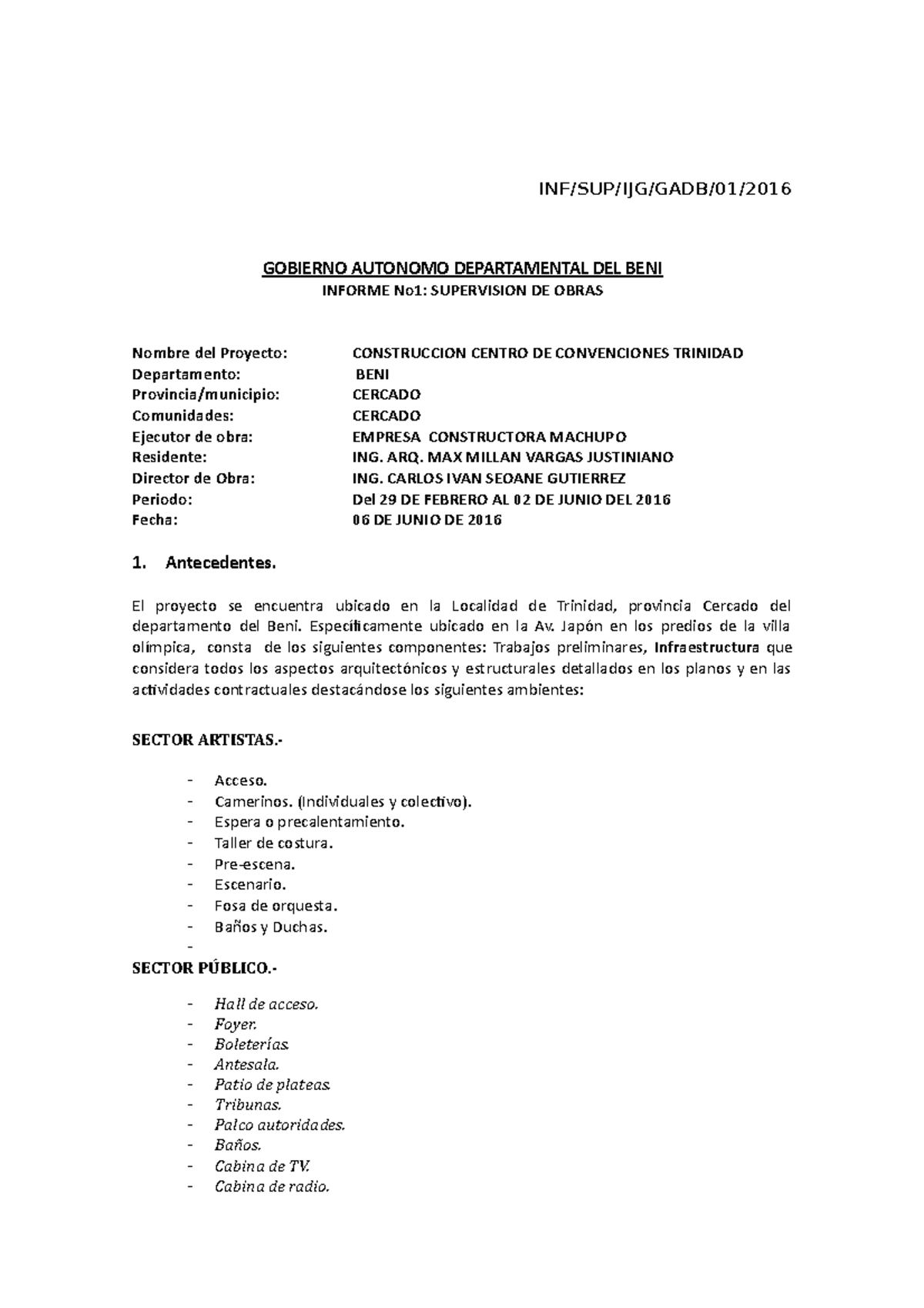 Informe DE Supervision DE Obras - INF/SUP/IJG/GADB/01/ GOBIERNO ...