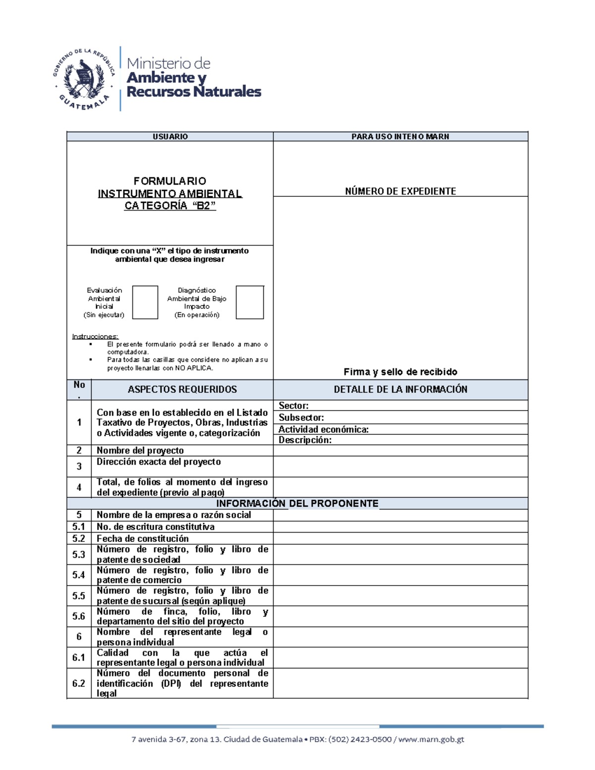 Formulario DE Instrumentos Ambientales Categoria B2 - USUARIO PARA USO ...