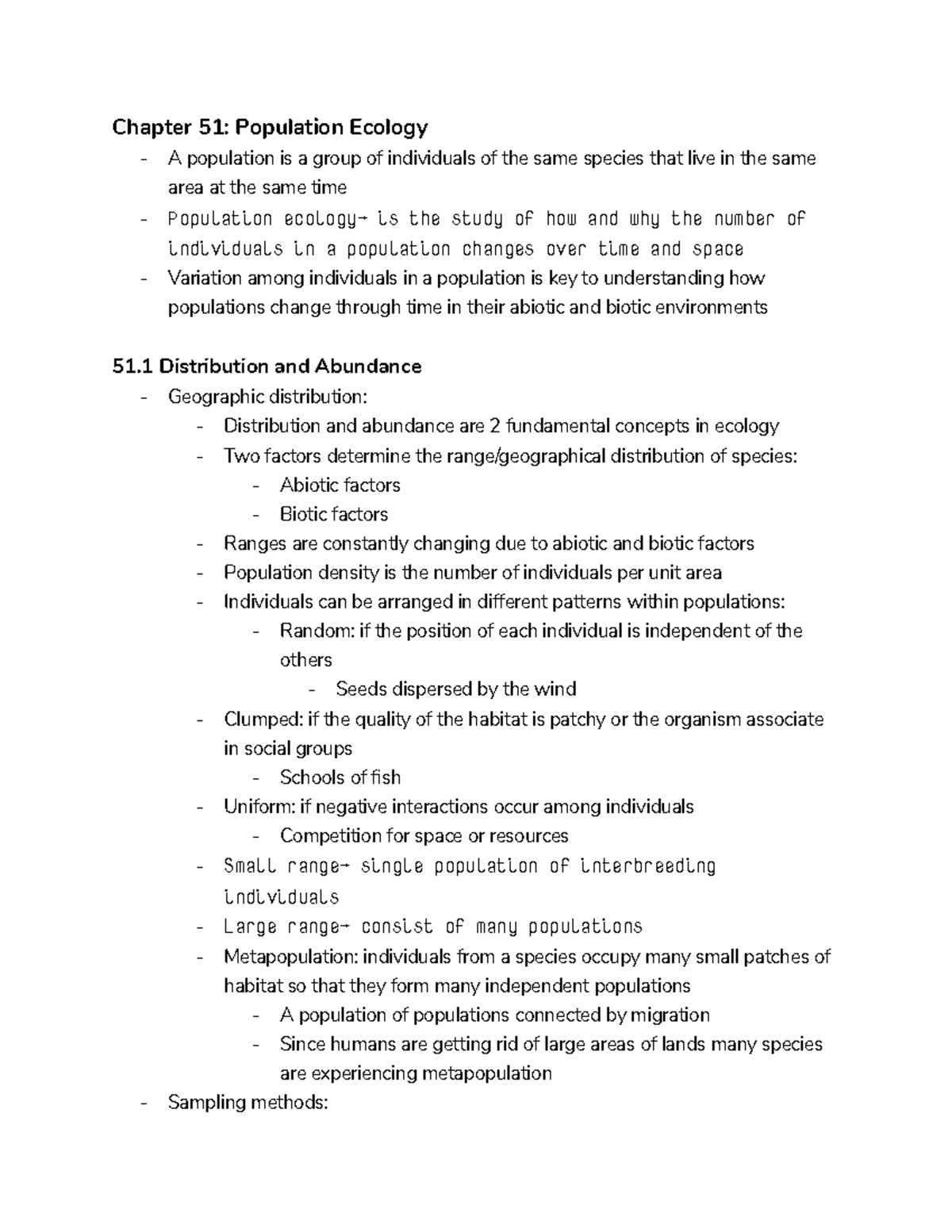 Ch. 51 Biology Notes - Chapter 51: Population Ecology A population is a ...