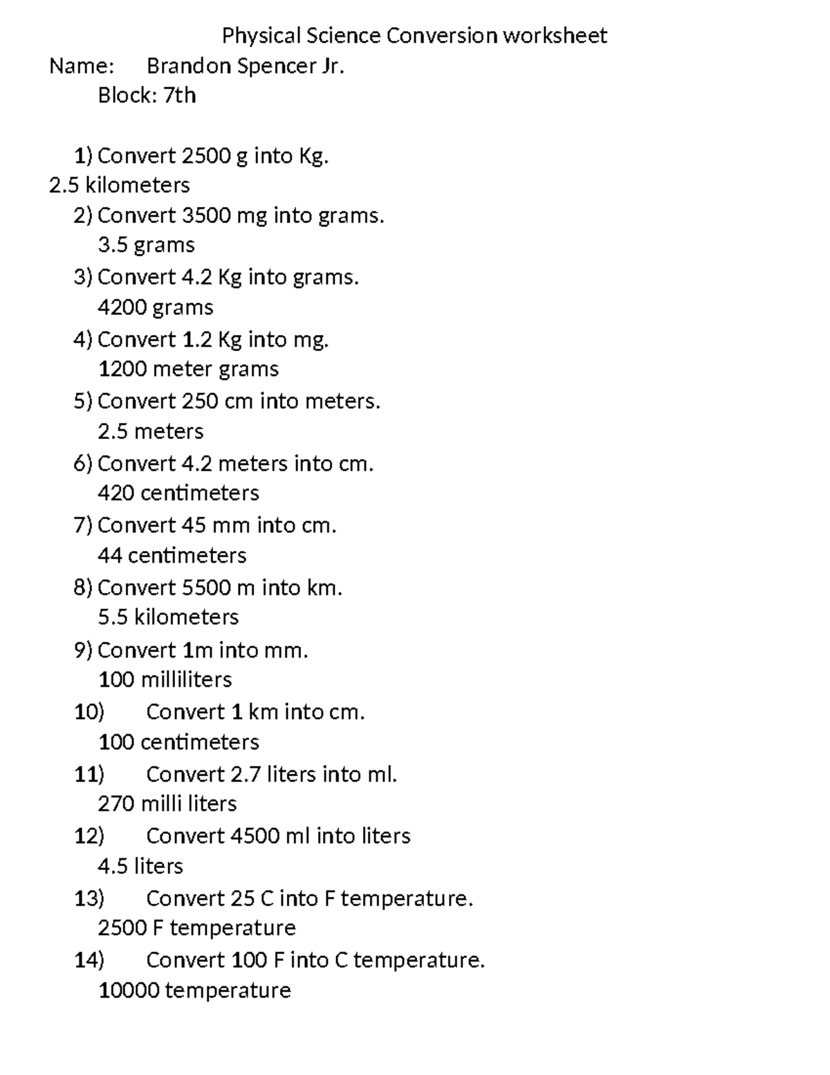 PS Metric Math copy - None - Physical Science Conversion worksheet Name ...