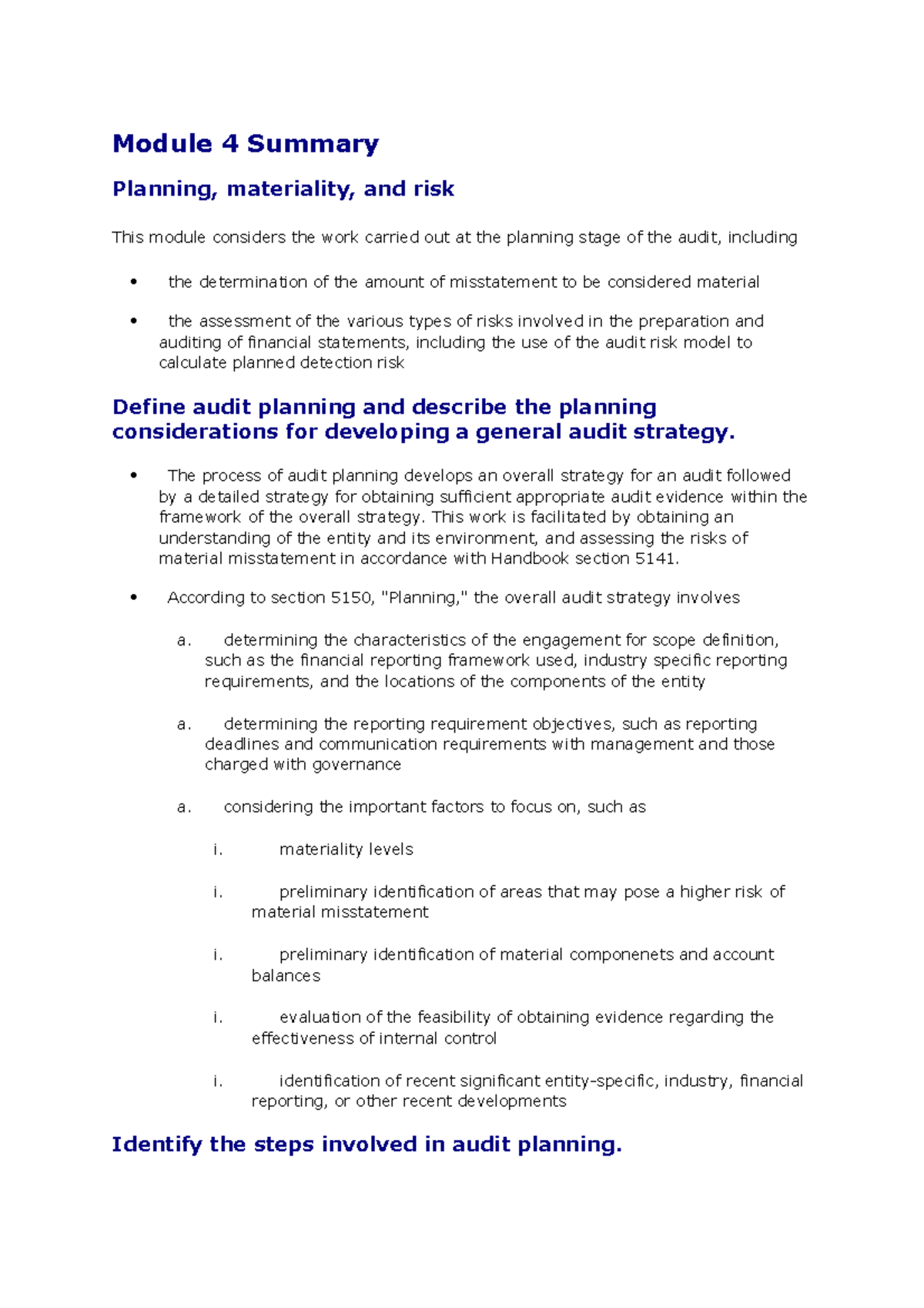 Module 4 Summary - Lecture notes 1-4 - Module 4 Summary Planning ...