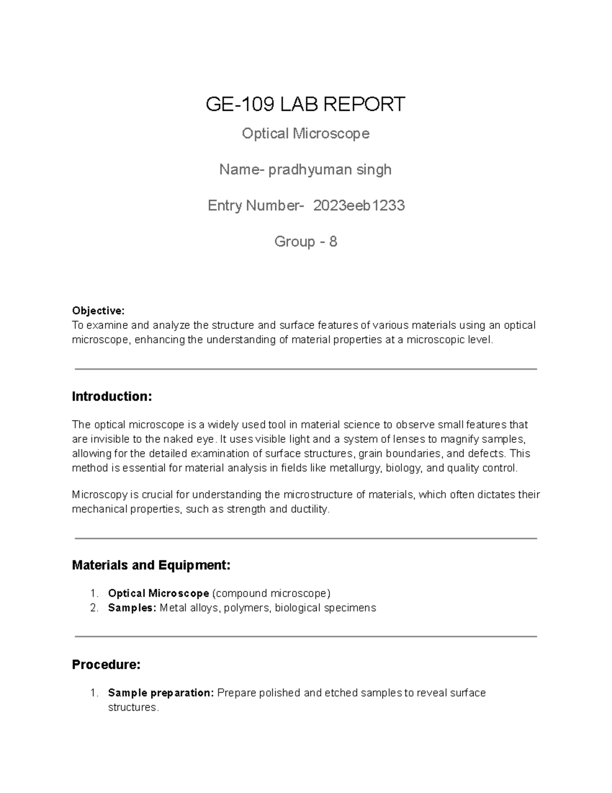 2023eeb1233 8 - practical lab report - GE-109 LAB REPORT Optical ...
