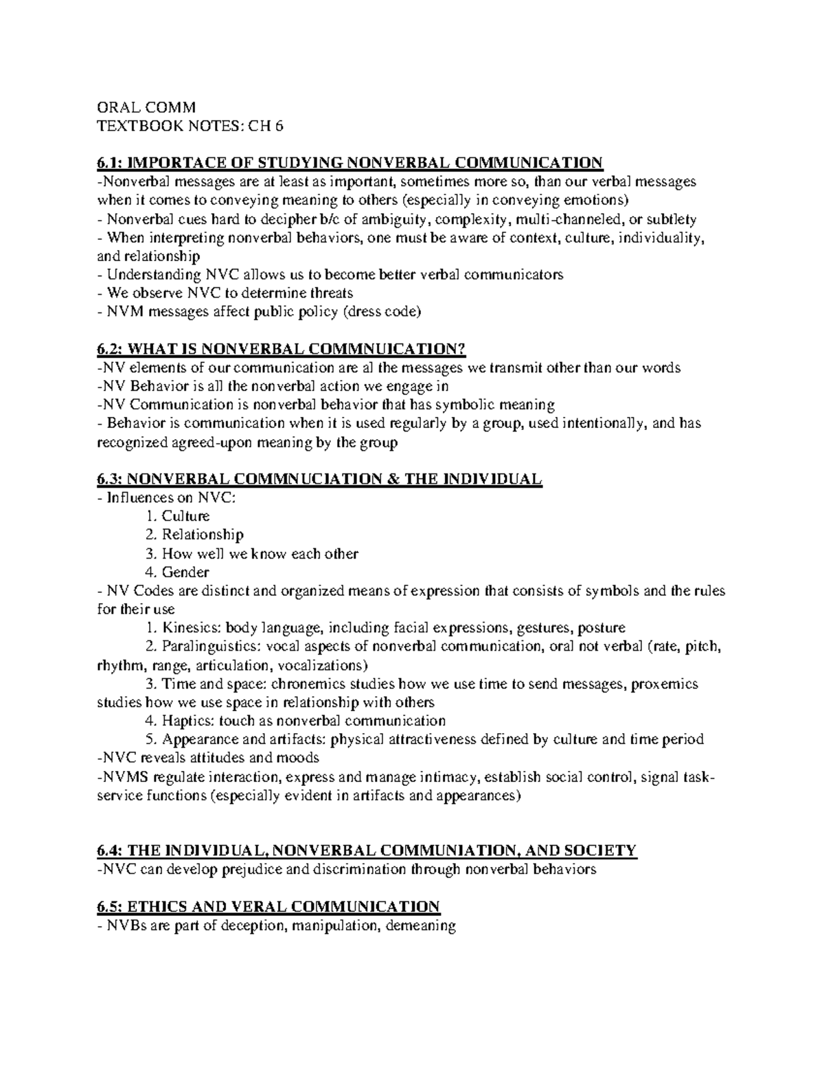 CH6 Notes - Nonverbal Communication - ORAL COMM TEXTBOOK NOTES: CH 6 6 ...