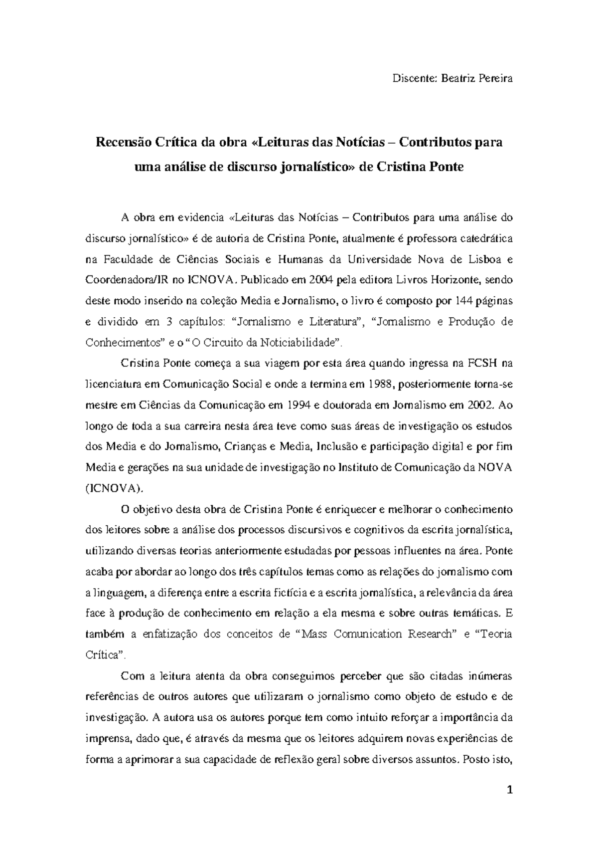 Recensão Crítica Beatriz Benzinho - Discente: Beatriz Pereira Recensão ...