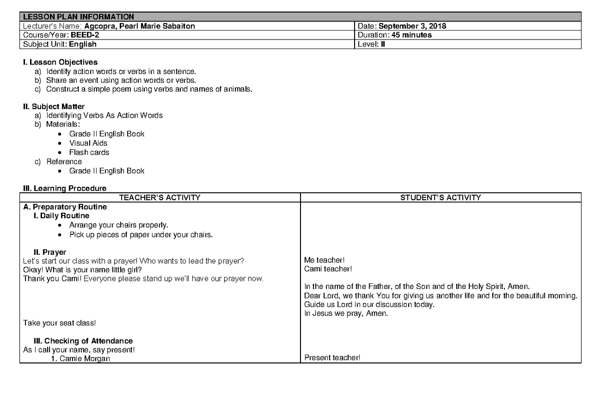 Detailed Lesson PLAN NO 2 pdf - I. Lesson Objectives a) Identify action words or verbs in a ...