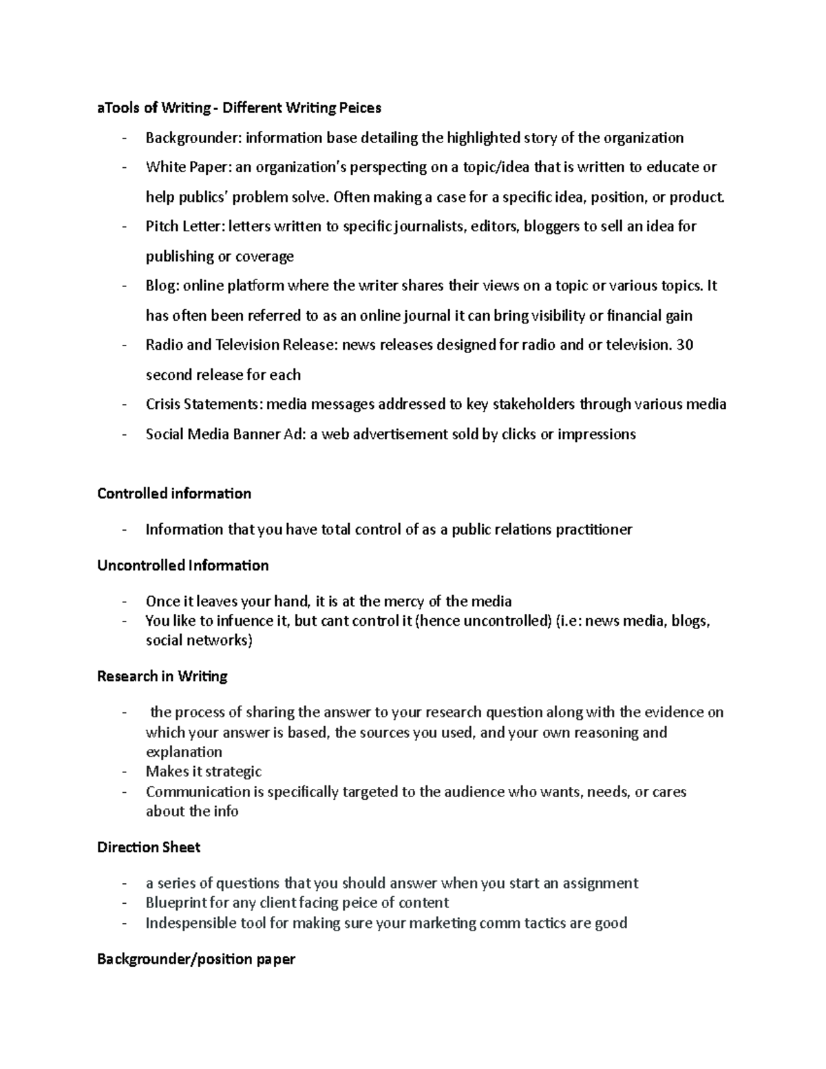 Exam 1 Study Guide - aTools of Writing - Different Writing Peices ...