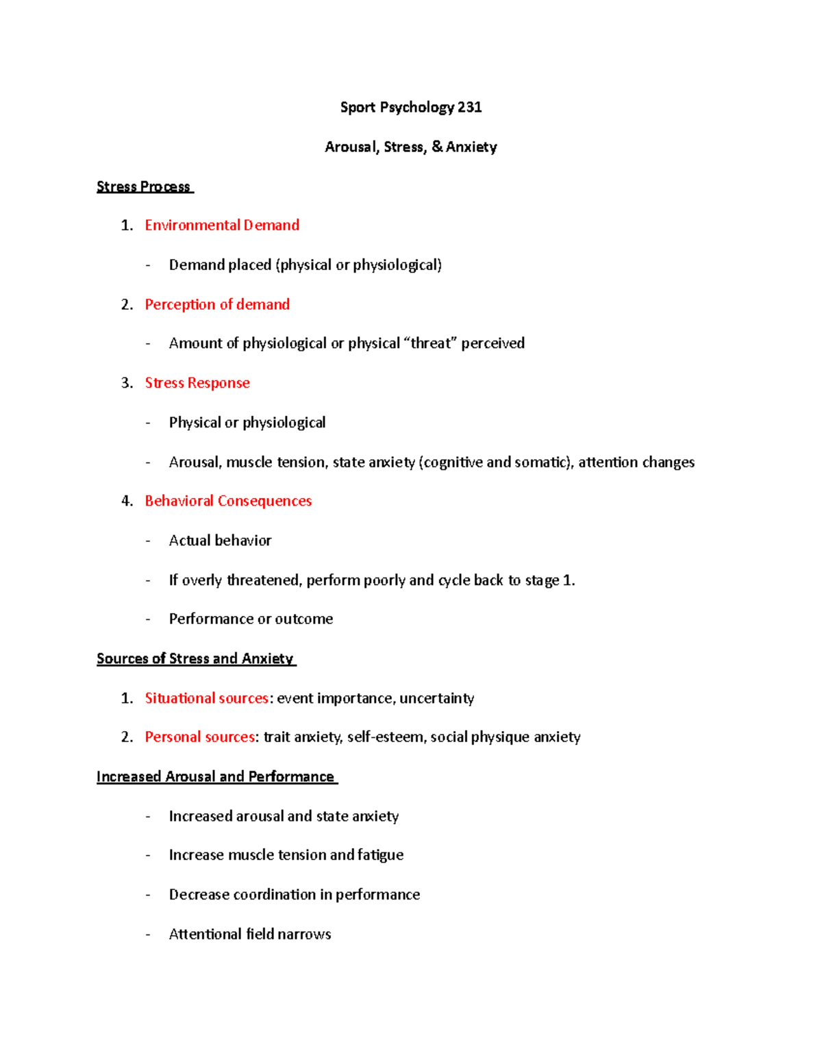 Sport Psychology 231- Stress, Arousal, Anxiety - Sport Psychology 231 ...