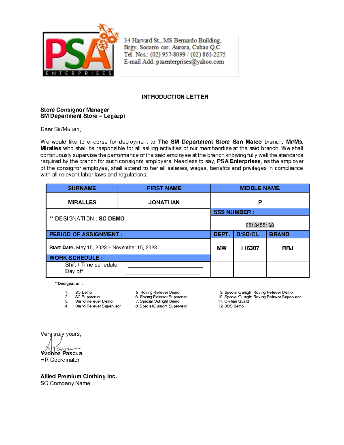 Miralles Jonathan Intro Letter SM Legazpi RRJ MW - INTRODUCTION LETTER ...
