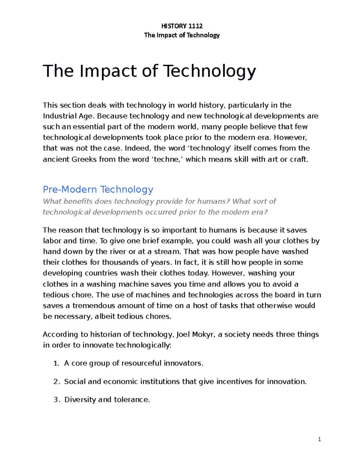 HIST 1112 - The Impact of Technology - The Impact of Technology The ...