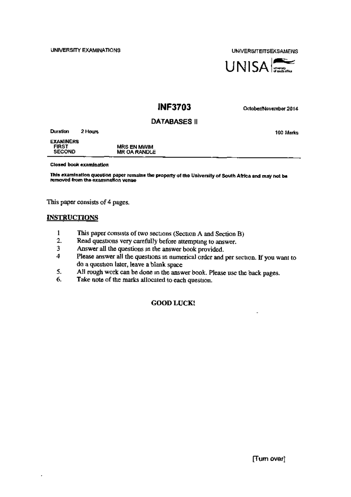 Previous EXAM 2014 - Exam paper 2014 - INF3703 - Studocu