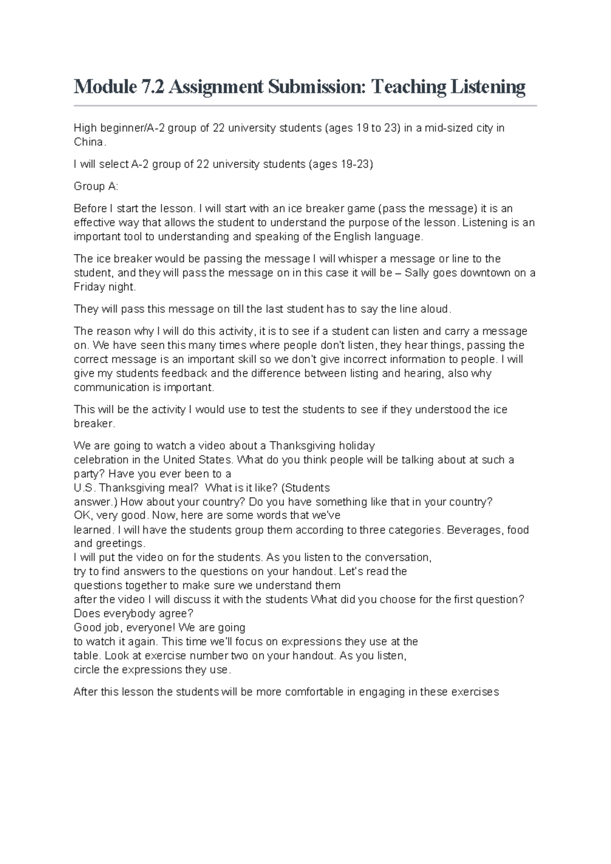 Module 7 Teach Listening - Module 7 Assignment Submission: Teaching Listening High beginner/A-2 ...