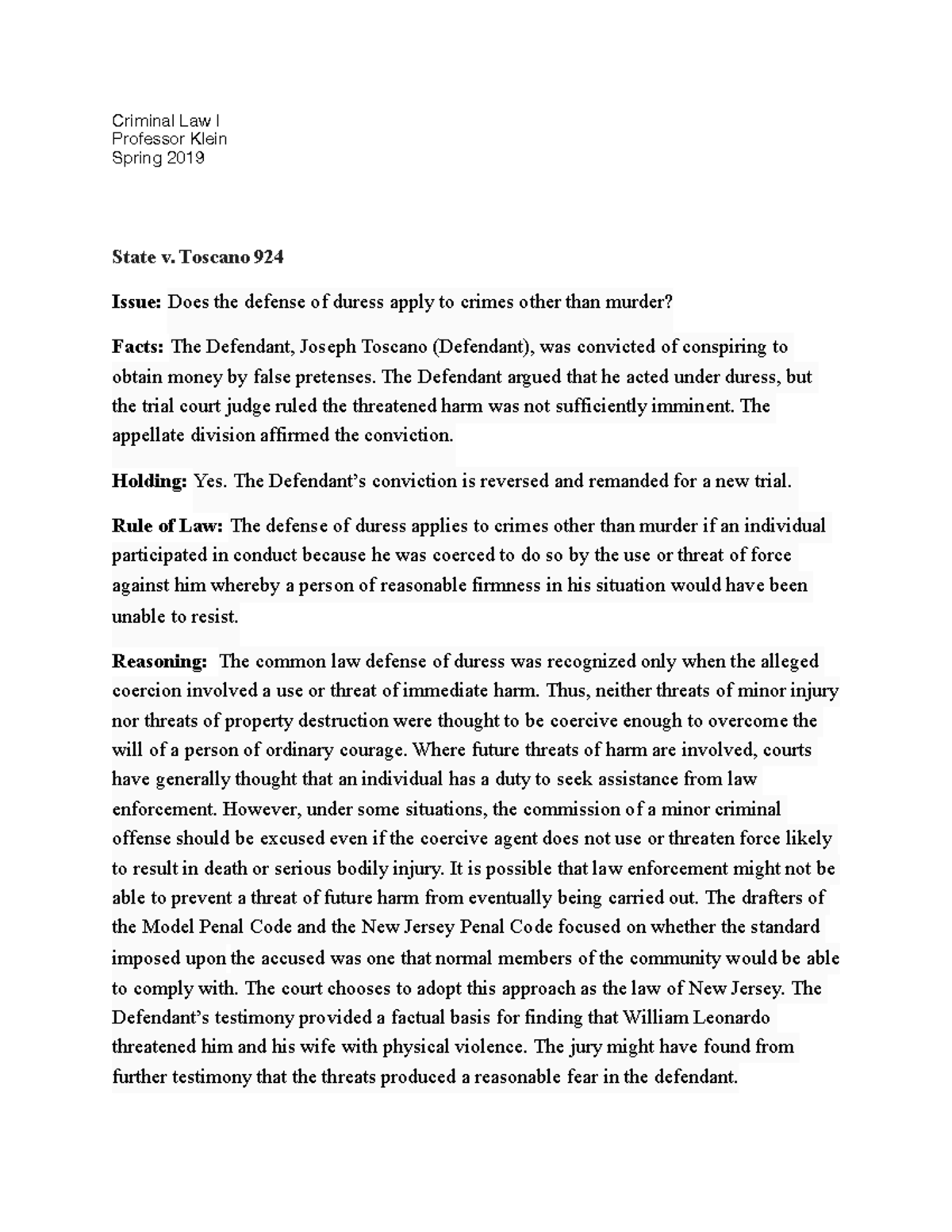 Case notes related to affirmative defense of necessity - Criminal Law I ...