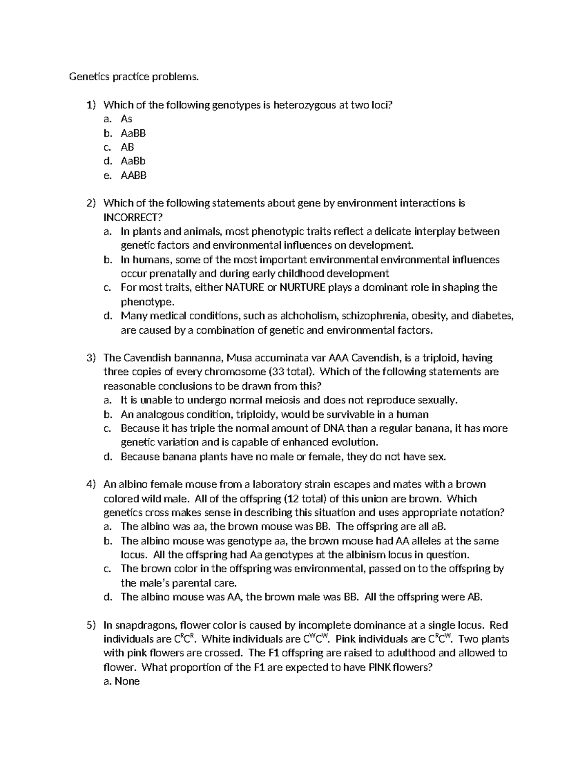 Genetics practice problems - 1) Which of the following genotypes is ...