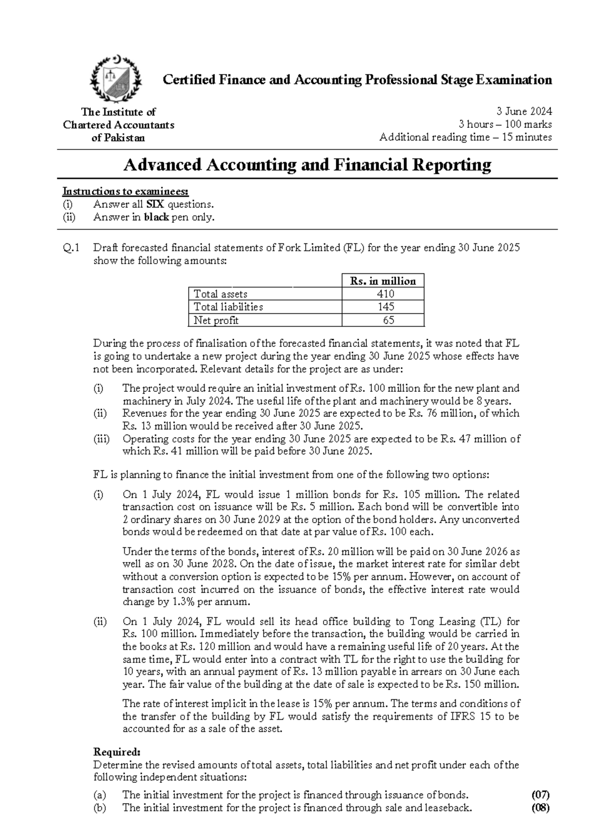 CFAP 1 AFR Summer 2024 - question - Certified Finance and Accounting ...