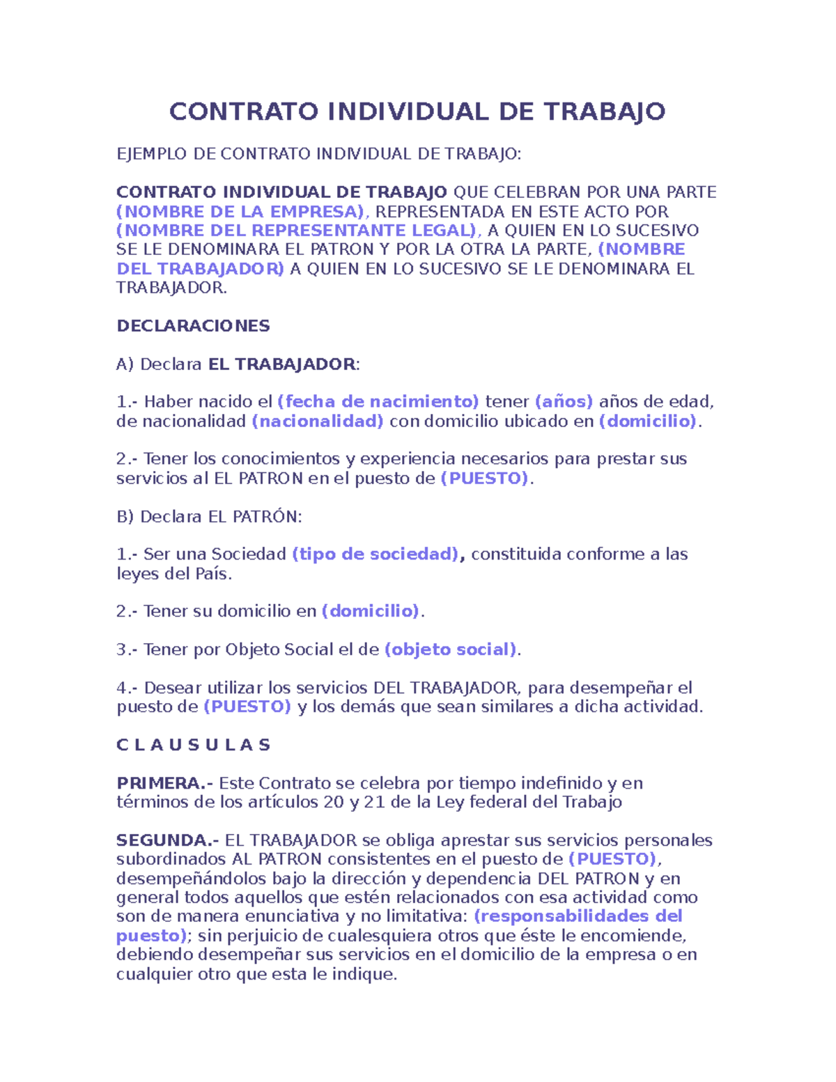 Contrato Individual De Trabajo Ejemplos De Ensayos