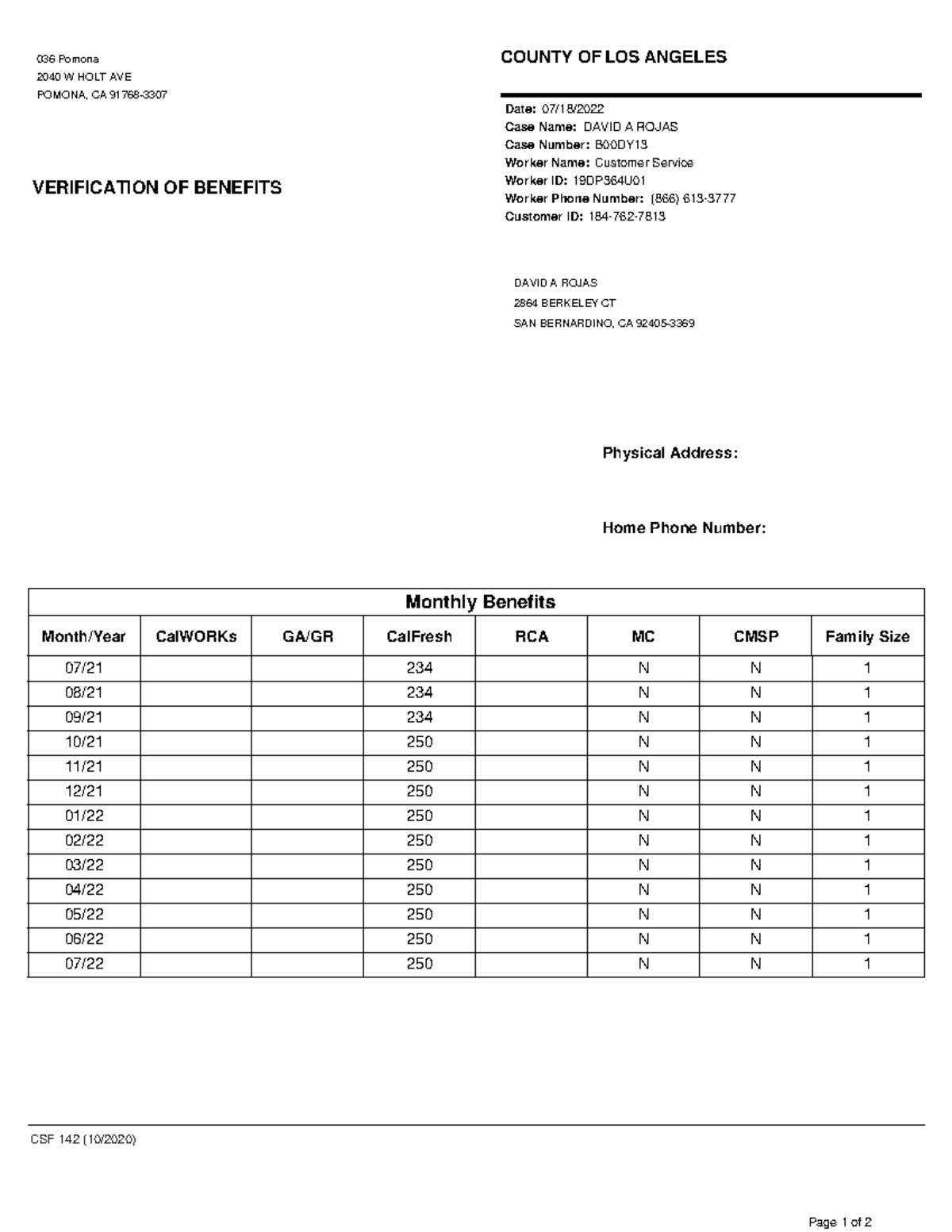 Verification of Benefits - CSF 142 (10/2020) Page 1 of 2 036 Pomona ...