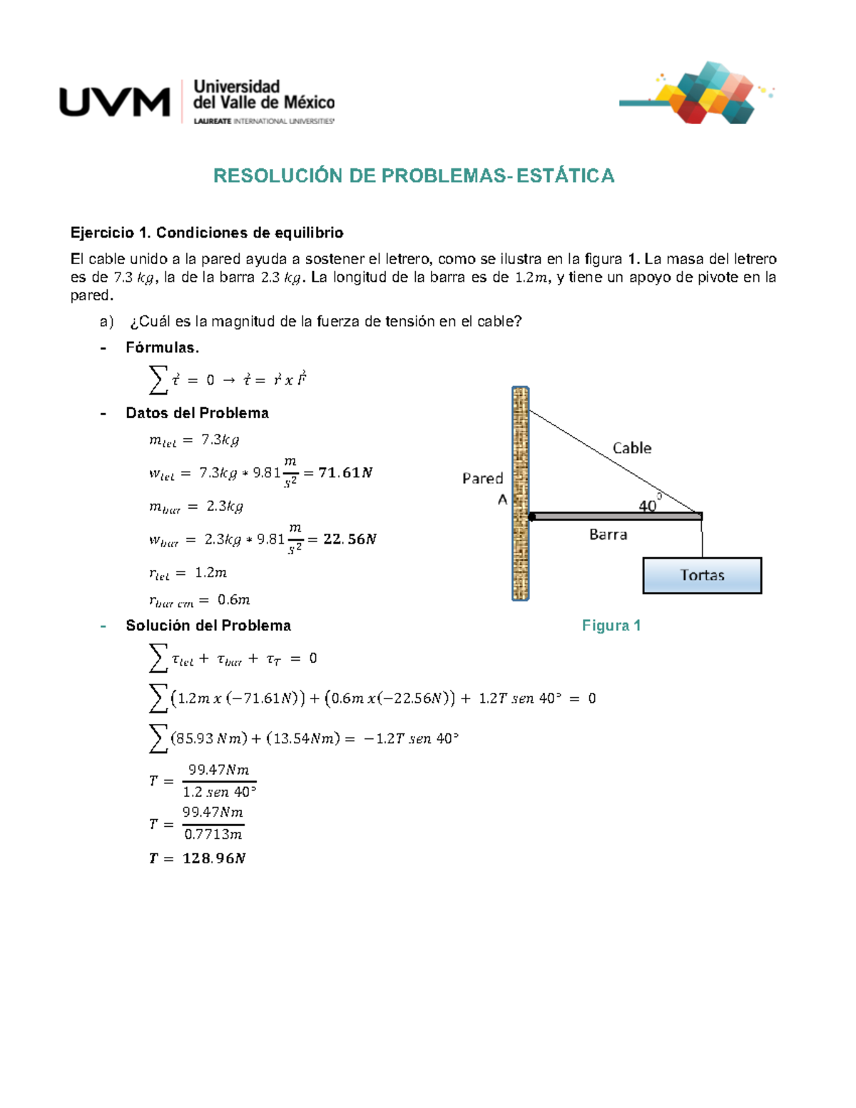 U4 Ejercicios Estatica - RESOLUCIÓN DE PROBLEMAS- ESTÁTICA Ejercicio 1. Condiciones de ...