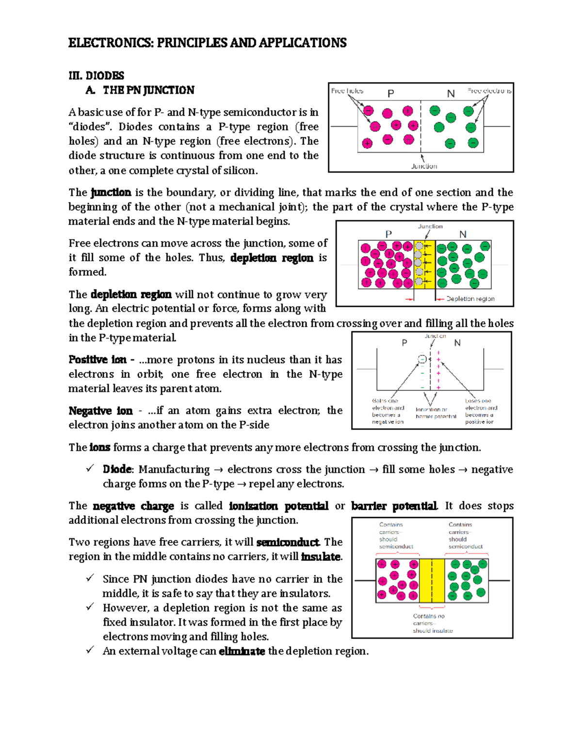 Electronics Principles and Applications (Reviewer Chap 3-4) - III. DIODES A. THE PN JUNCTION A ...
