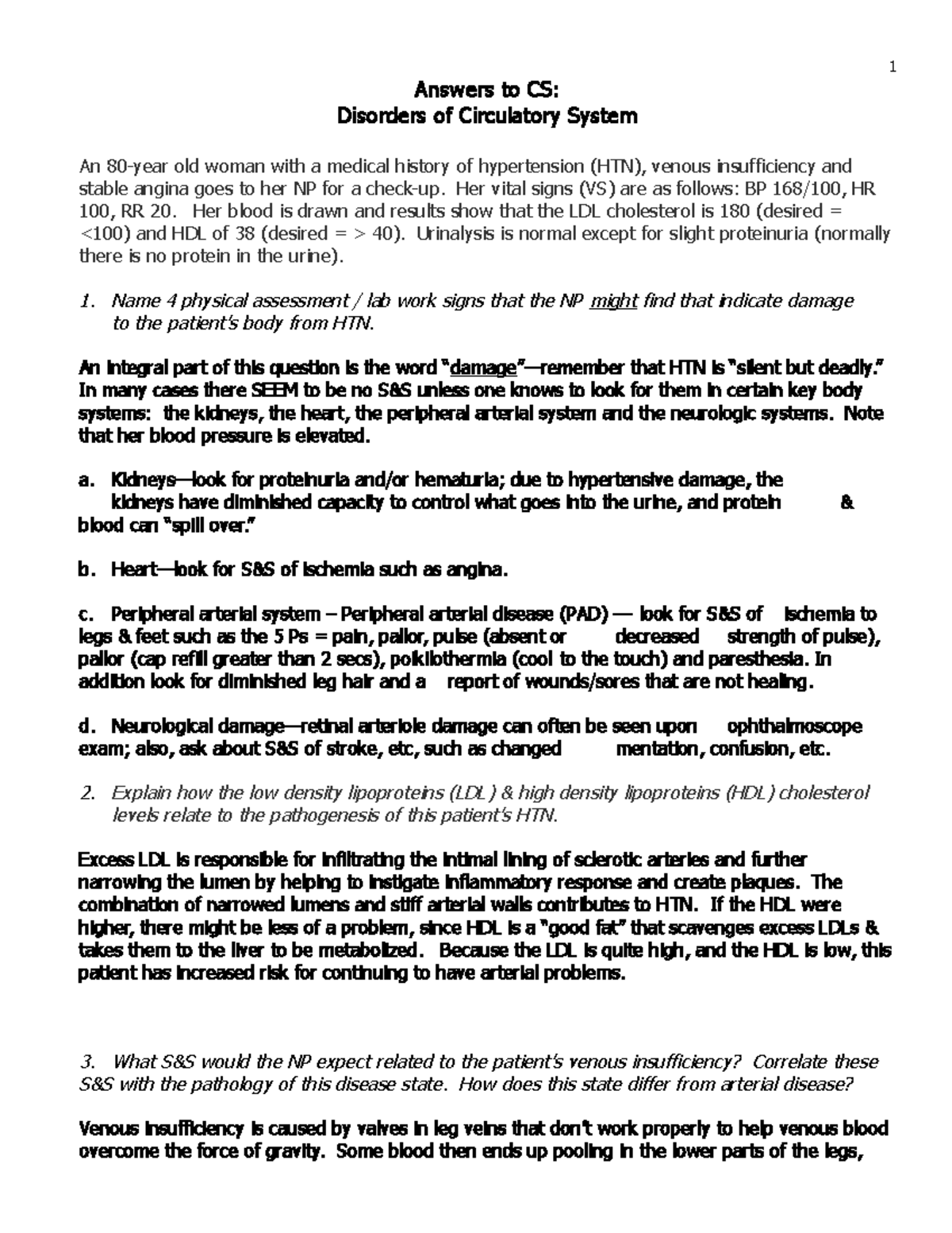 Answers to circulatory case study - Answers to CS: Disorders of ...