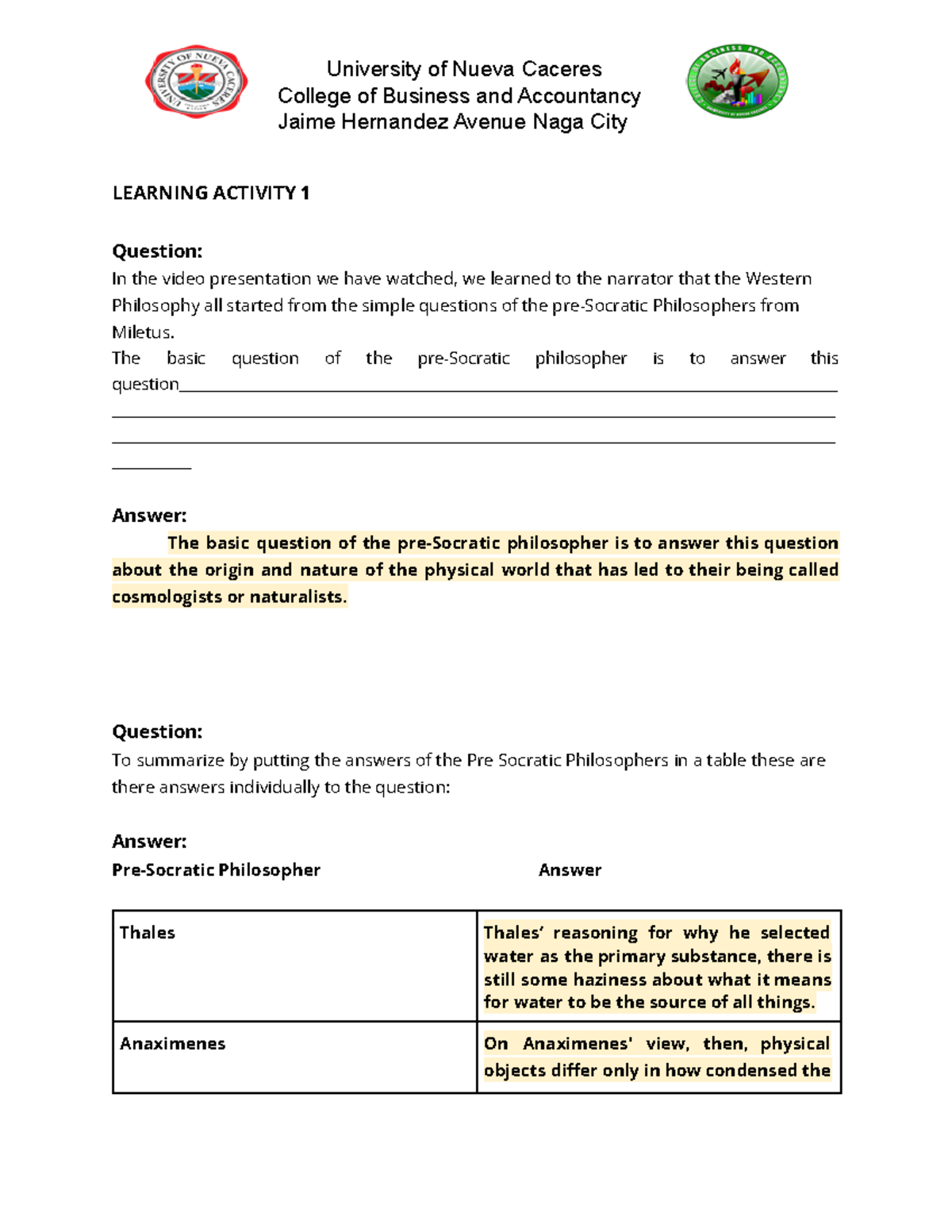 Learning Activity 1- Ethics ( Deang, LYKA MAE P - University of Nueva ...