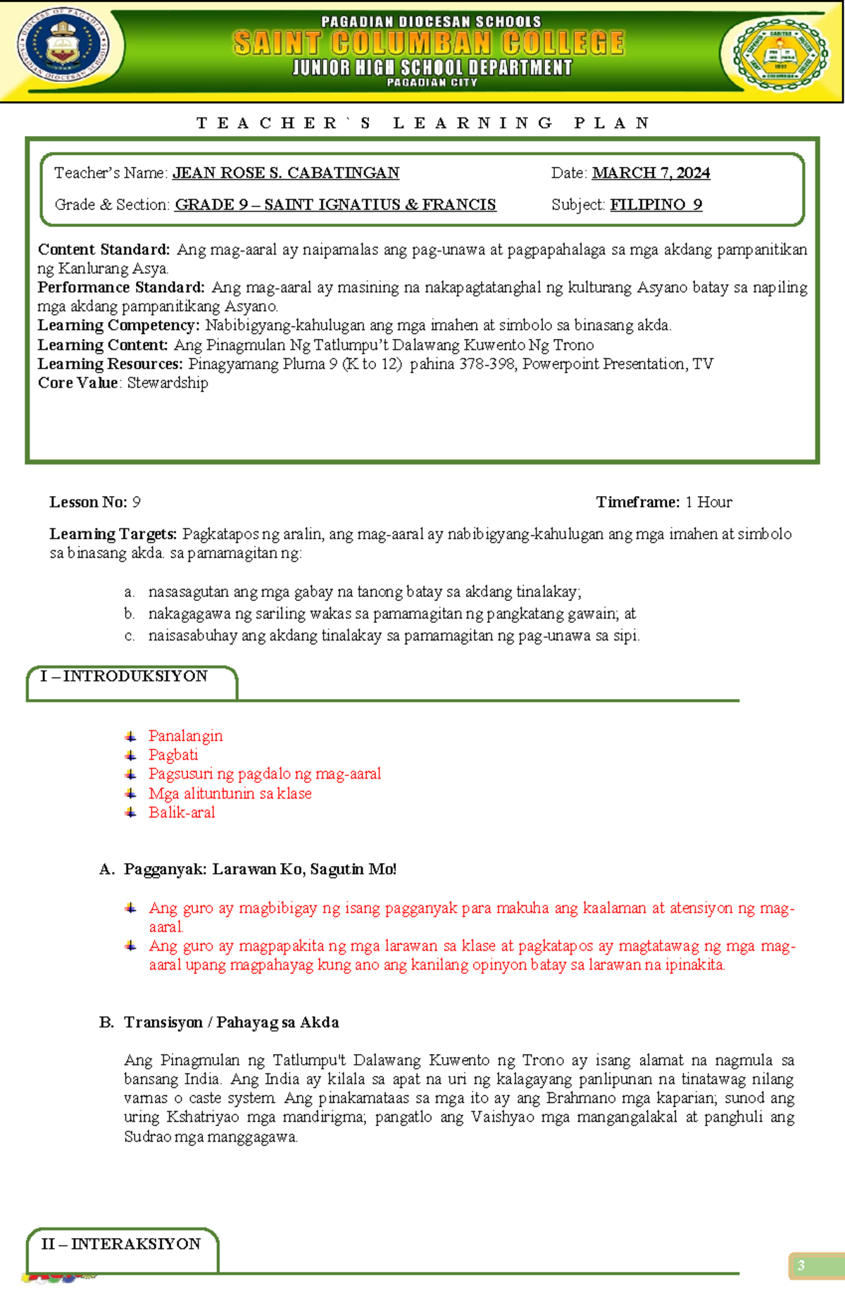 Learning-Plan 9 - 3 T E A C H E R ` S L E A R N I N G P L A N Lesson No ...