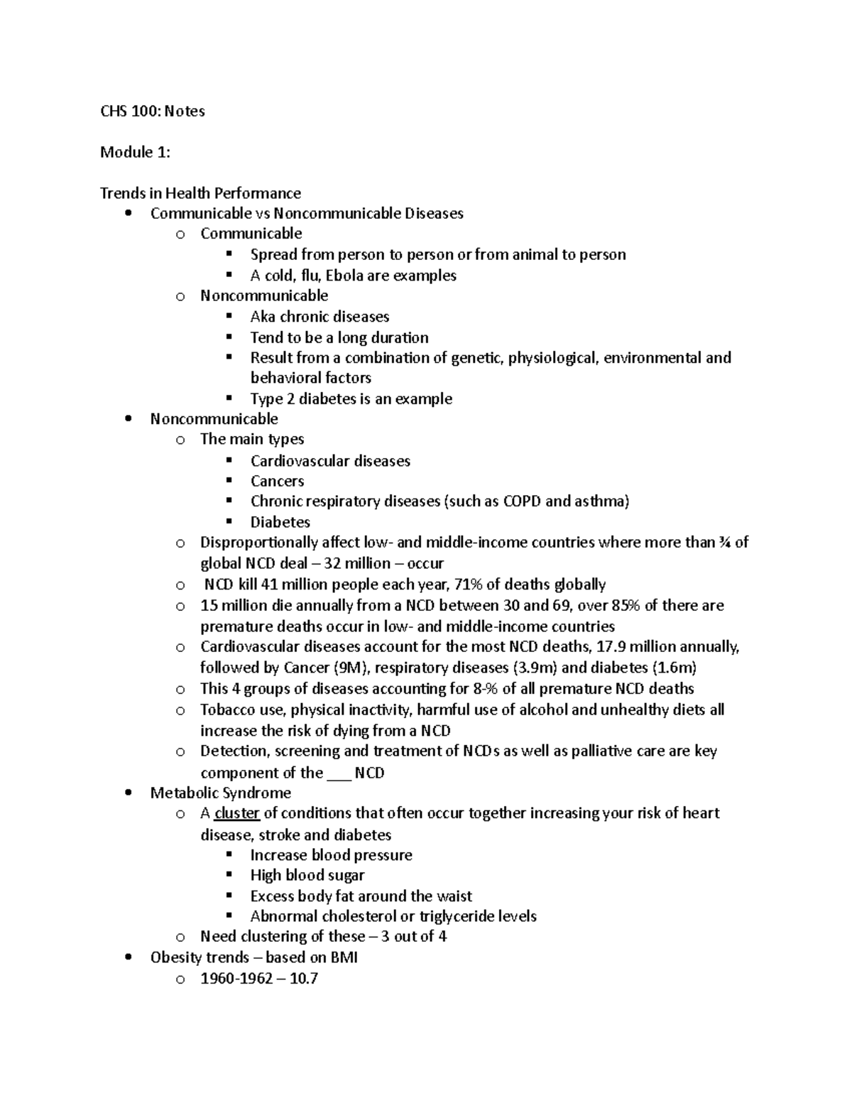 CHS 100 - Modeule 1 - CHS 100: Notes Module 1: Trends in Health ...