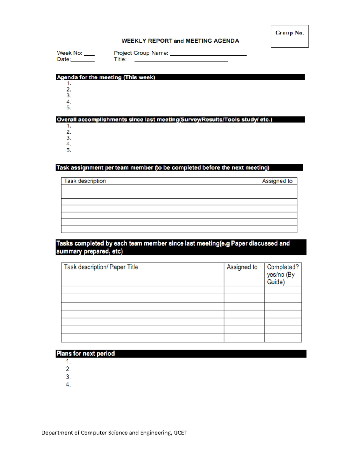Weekly Project Progress Report (WPR) Form - B tech - Department of Computer Science and ...