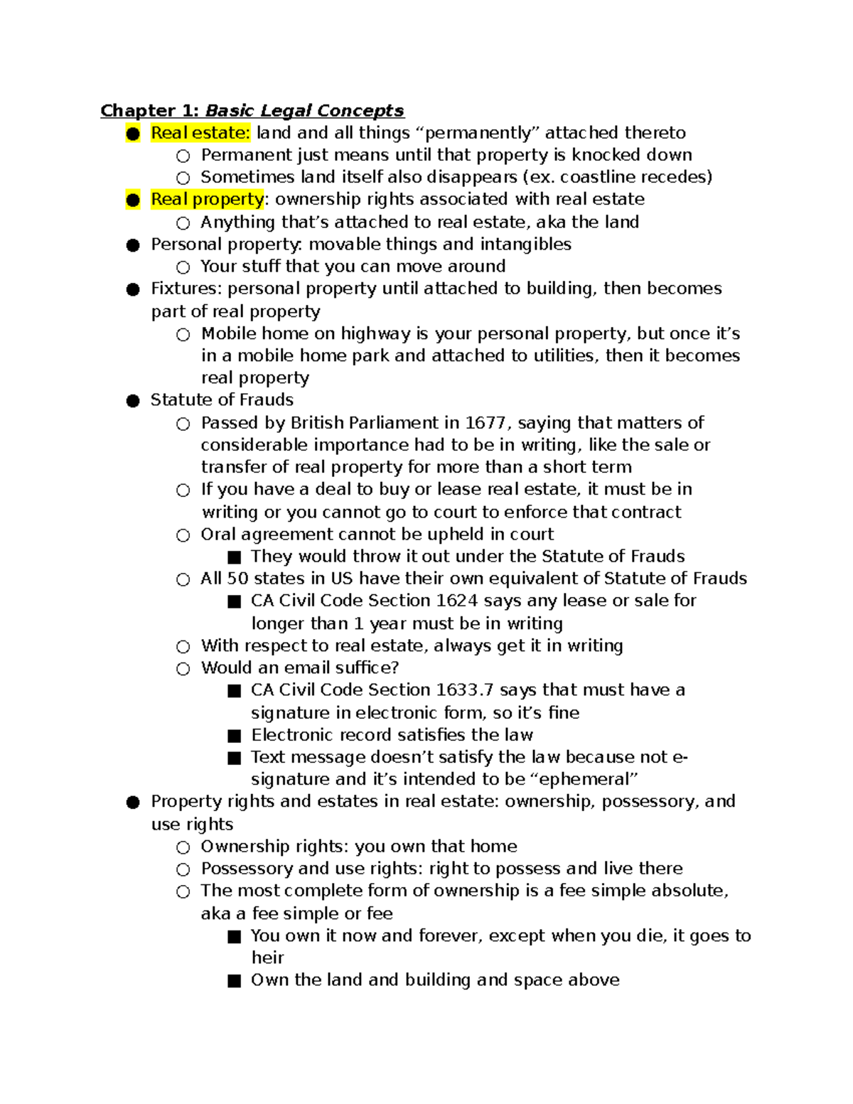 Lecture notes for MGMT 170 - Chapter 1: Basic Legal Concepts Real ...