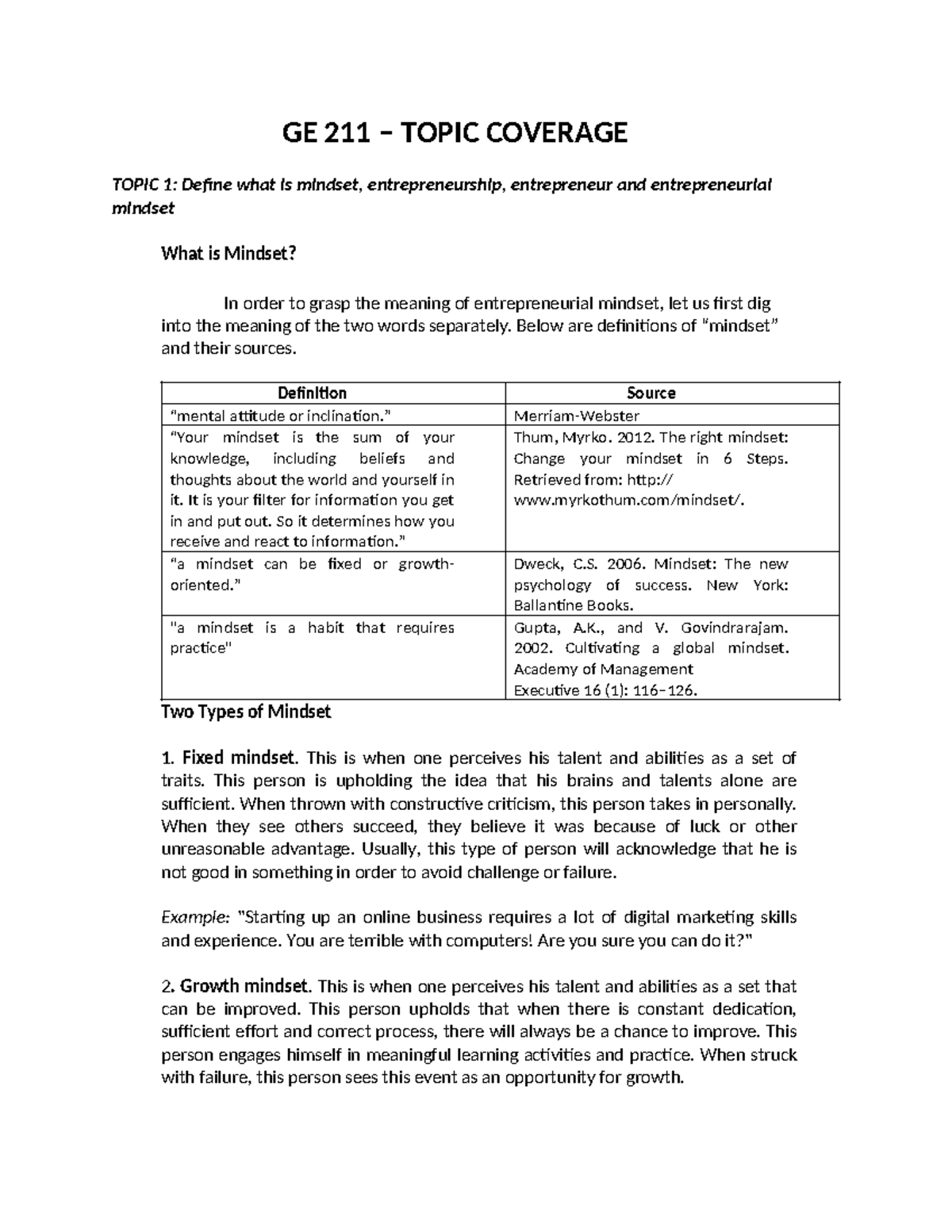 GE 211 Topic 1 - Lectures - GE 211 – TOPIC COVERAGE TOPIC 1: Define ...