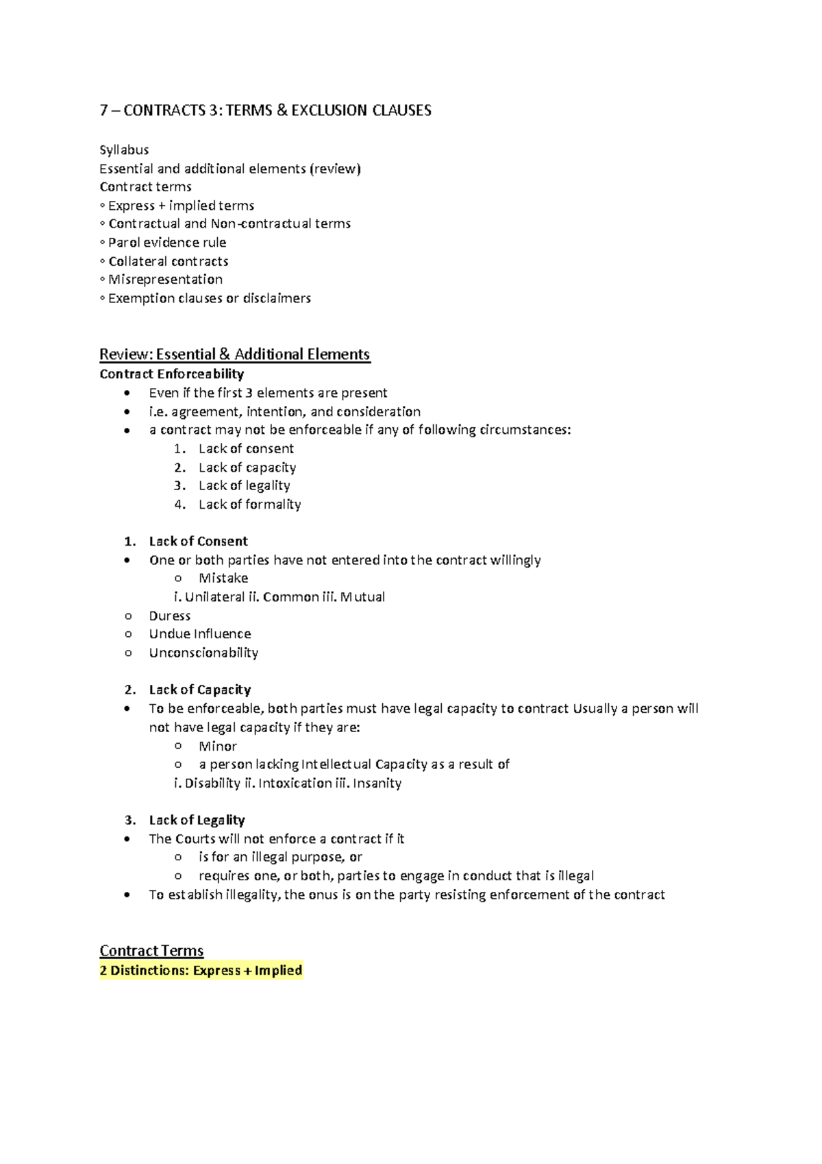 LEGL - 7 - Contracts 3: Terms and Exclusion Clauses - 7 – CONTRACTS 3: TERMS & EXCLUSION CLAUSES ...