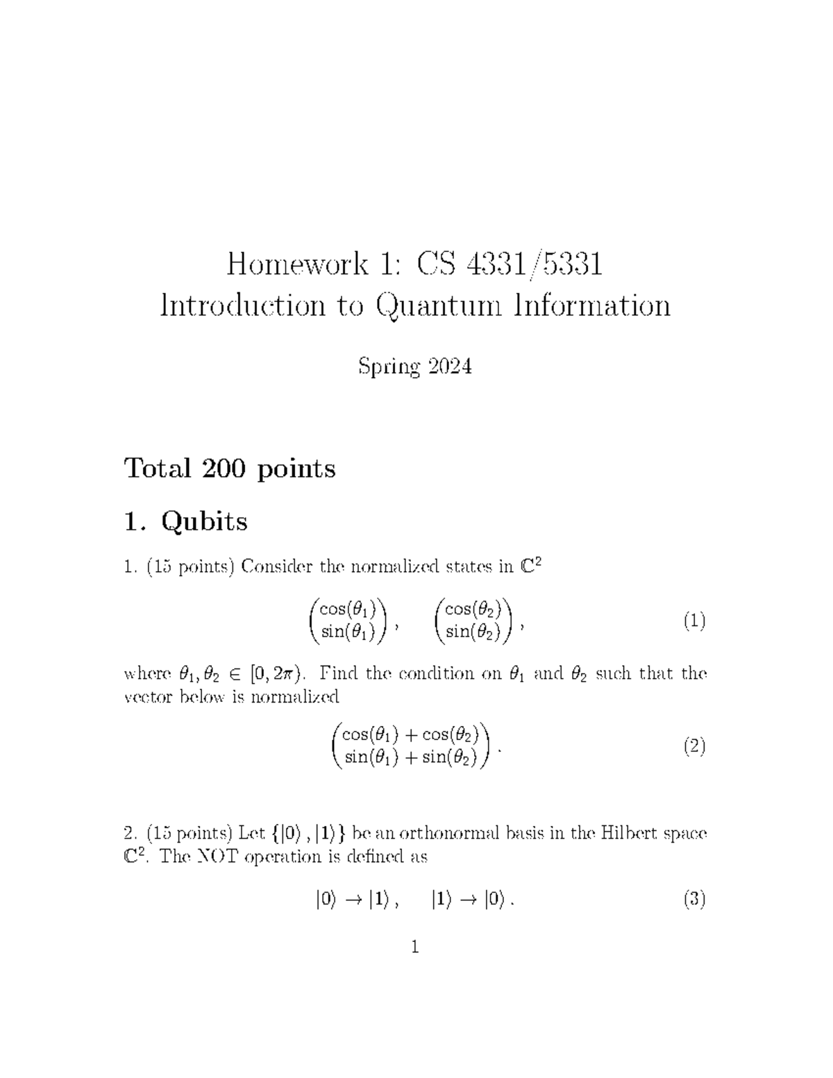 HW1 - Homework 1: CS 4331/ Introduction to Quantum Information Spring ...