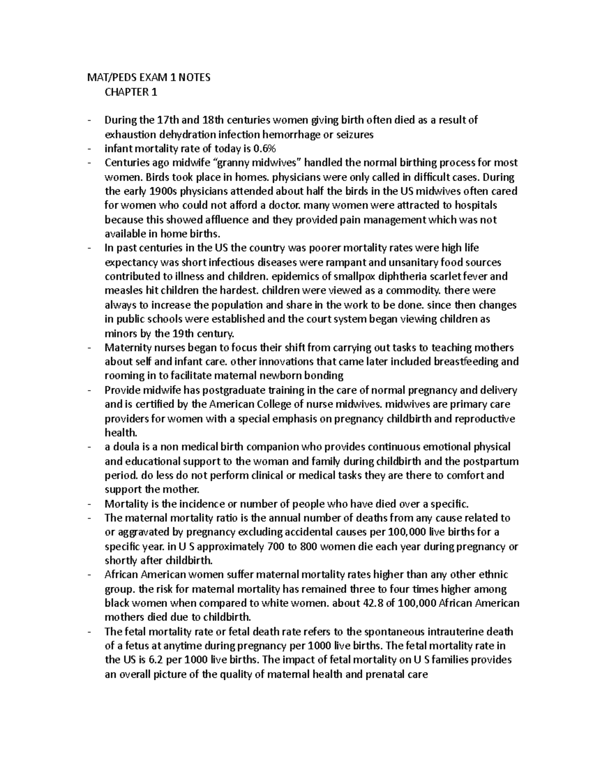 MP TEST 1 Notes - MAT/PEDS EXAM 1 NOTES CHAPTER 1 During the 17th and ...