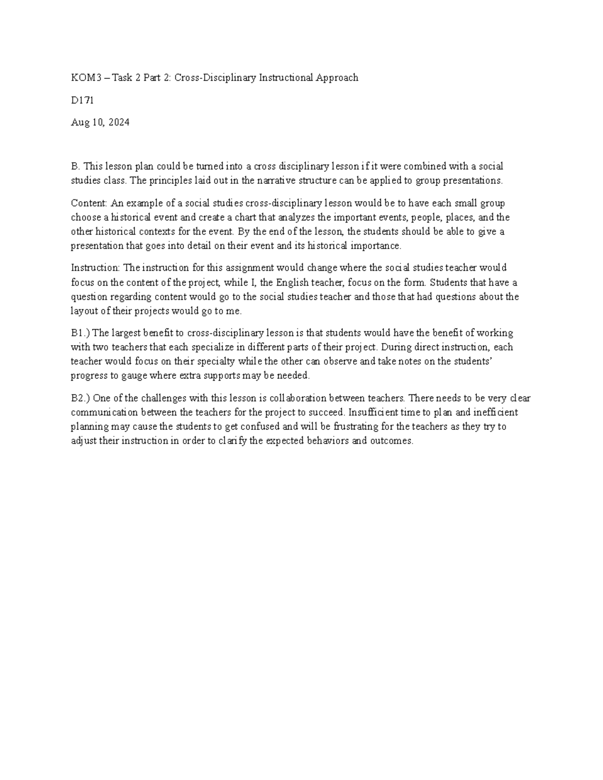 KOM3 Task 2 - Cross-Disciplinary Instructional Approach - KOM3 – Task 2 ...