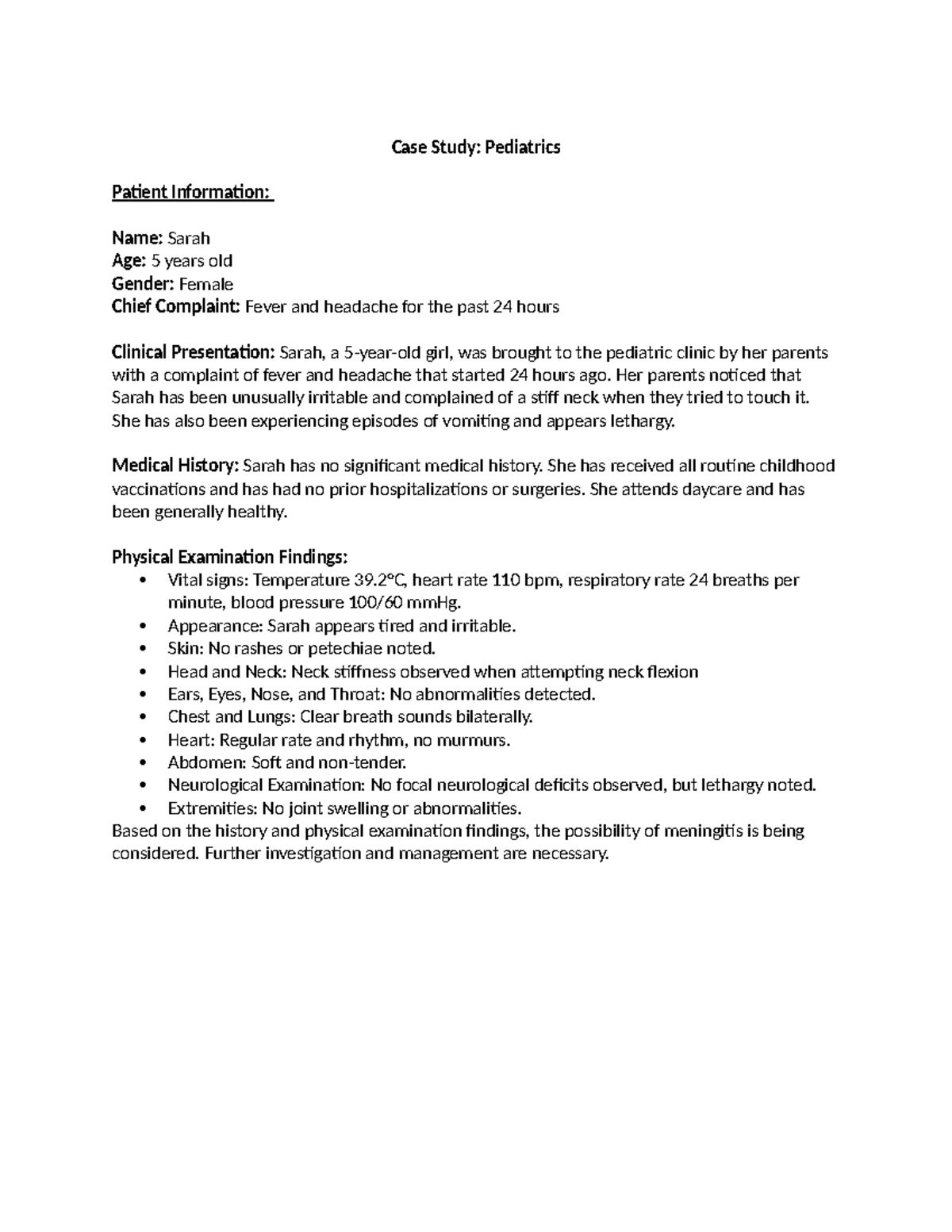 Case Study ABC - Case Study: Pediatrics Patient Information: Name ...