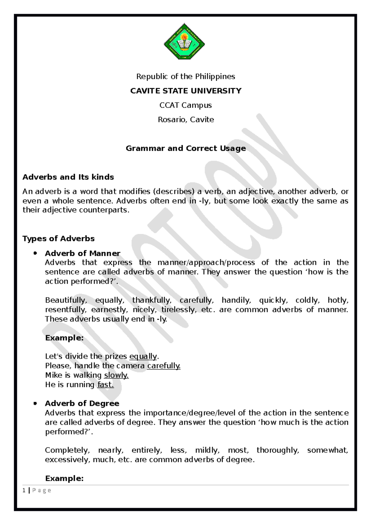 Adverbs and Its kinds - hfhfhfhf - Republic of the Philippines CAVITE ...