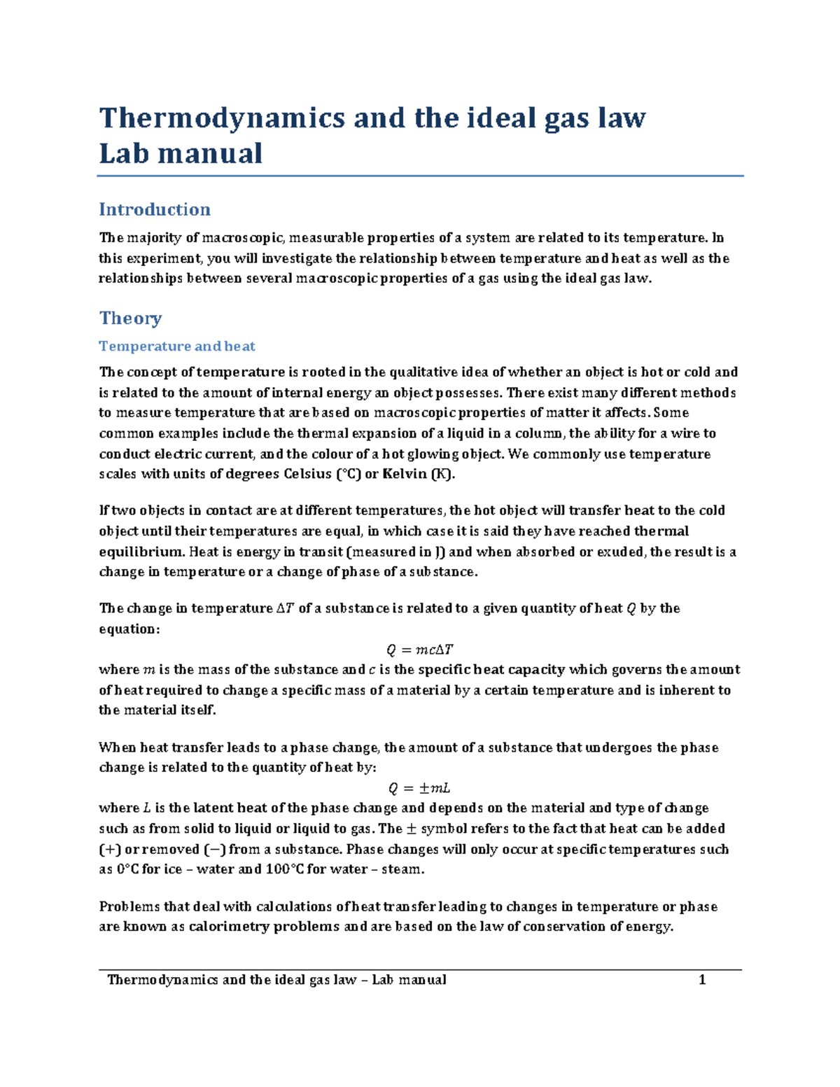 Thermodynamics and the ideal gas law - Lab manual - In this experiment ...