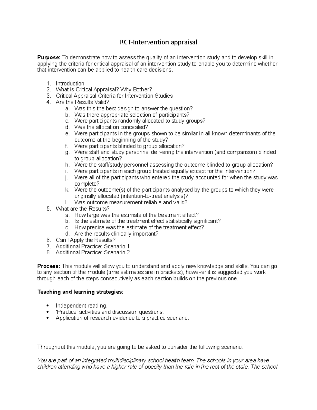 Nursing 3SS3 EDIM RCT-Intervention Appraisal Note - appraisal Purpose ...