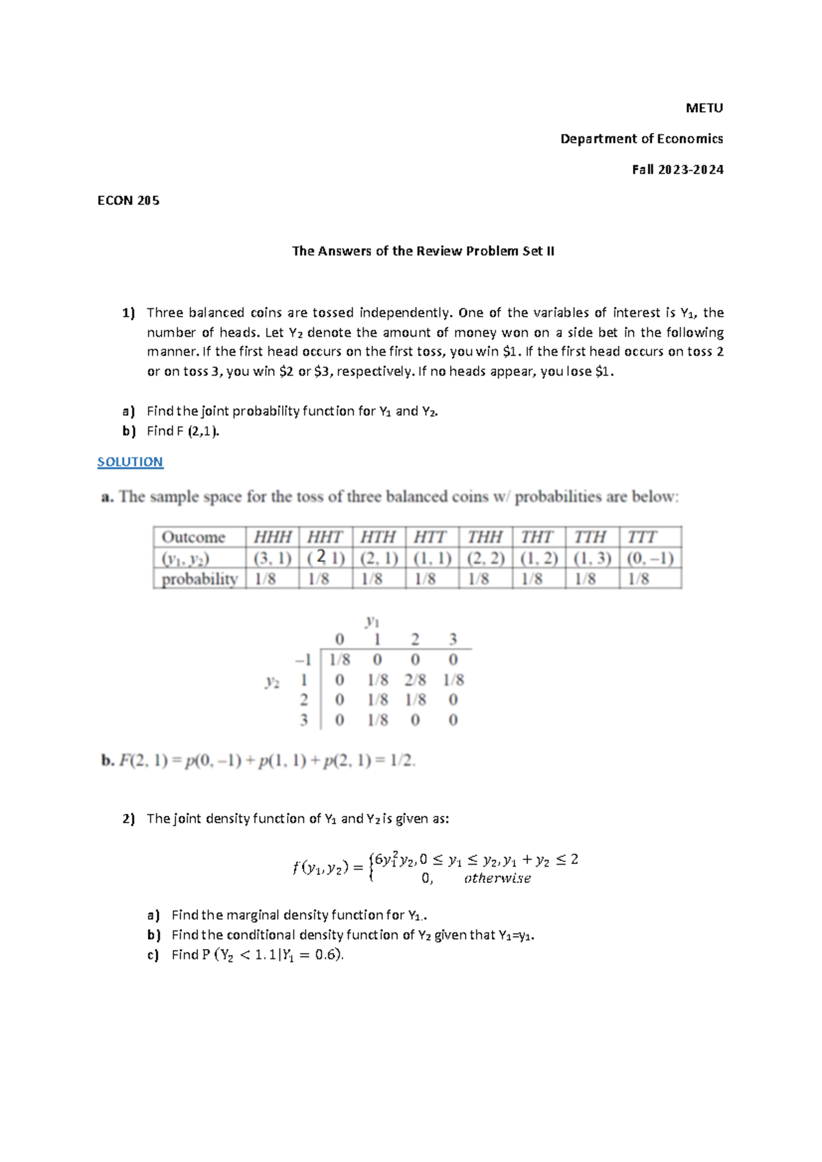 ECON 205 Review Problem Set 2 Answers - METU Department of Economics Fall 2023 - 2024 ECON 205 ...