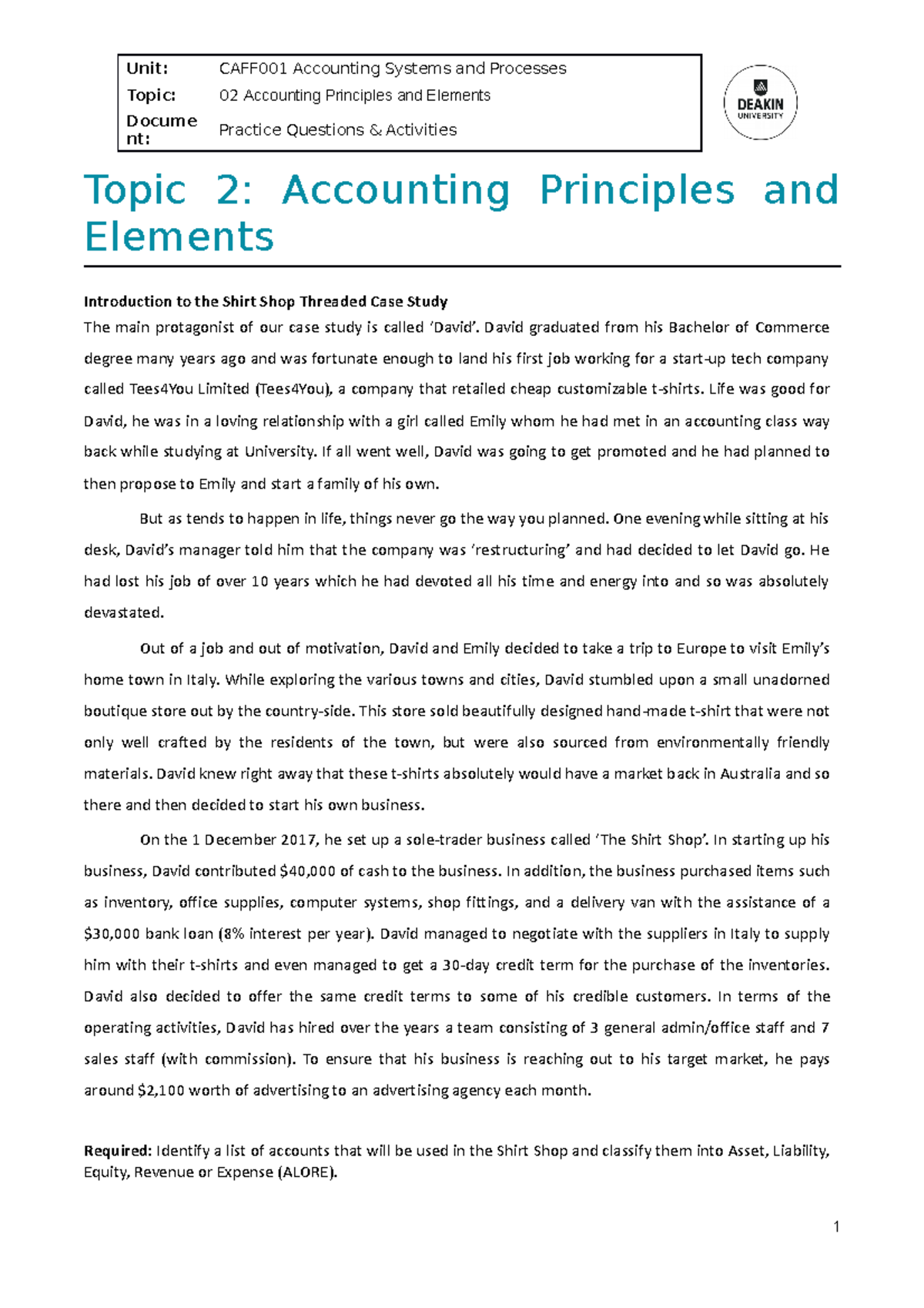 CAFF001 Topic 2 Practice Question Solutions - ACCT1006 - USyd - Studocu